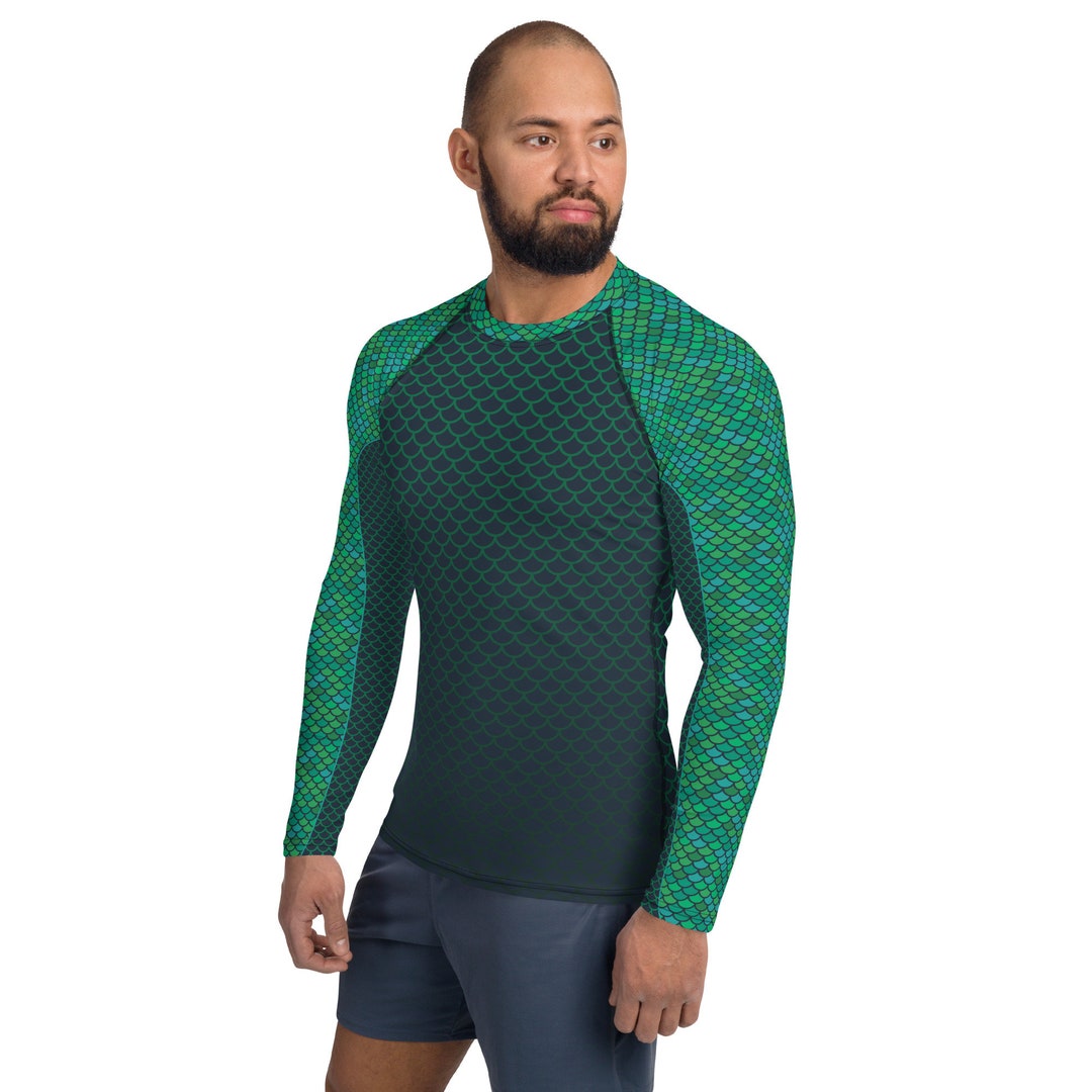 Green Merman Long Sleeve Rash Guard for Men Mermaid Fish Scales Pattern ...