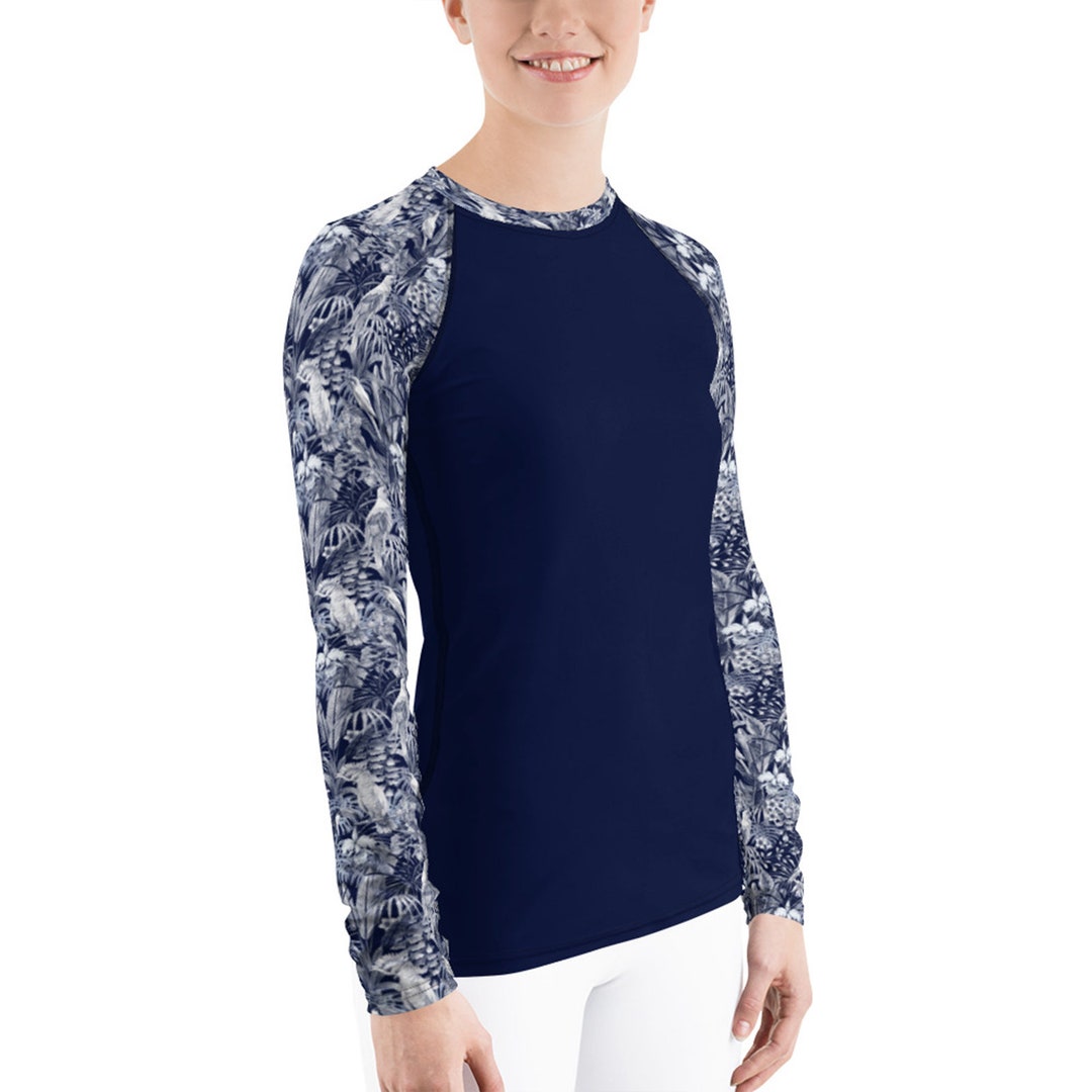 Women's Long Sleeve Rash Guard - Tropical Birds Pattern Print Blue ...