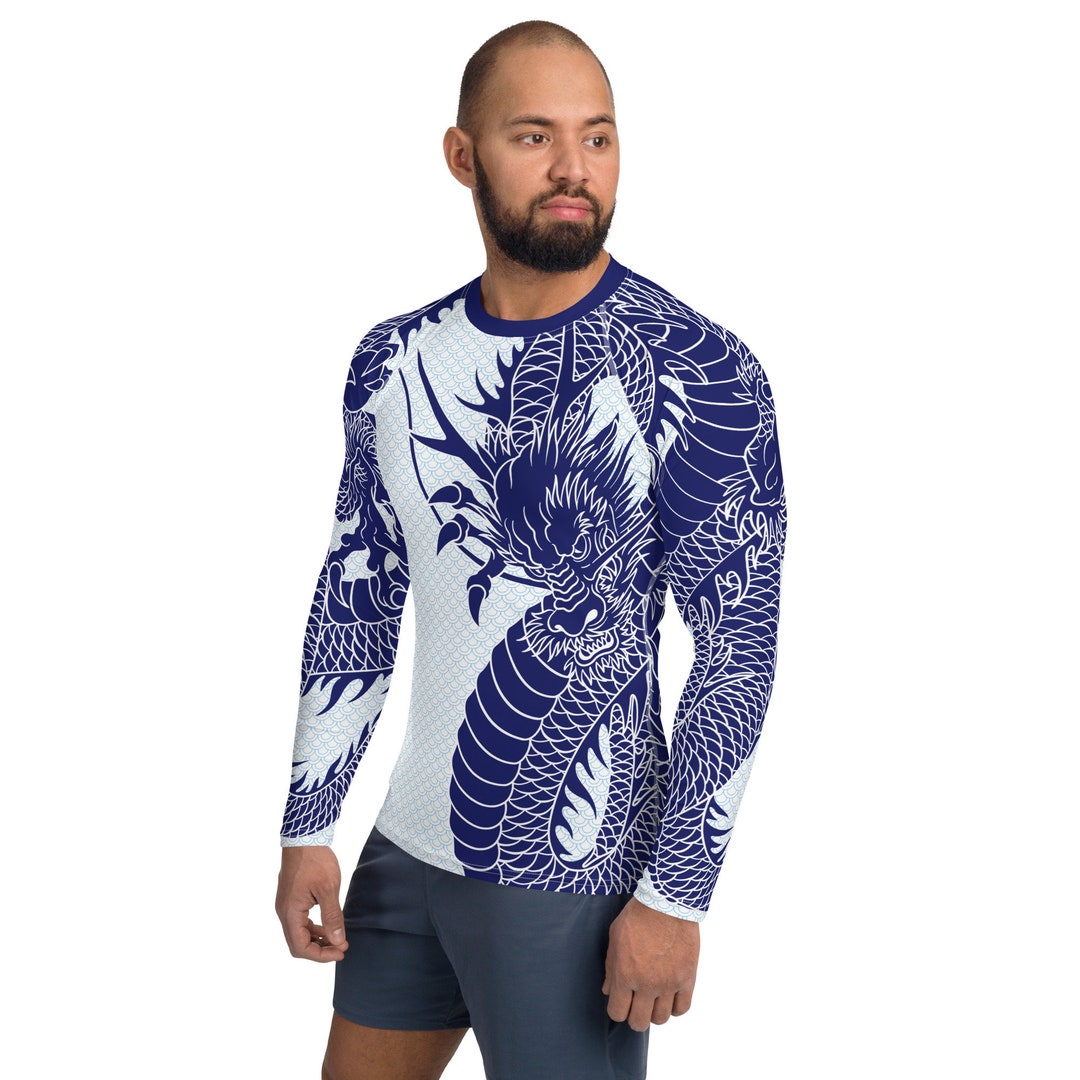 Japanese Dragon Long Sleeve Rash Guard for Men Navy Blue Tattoo Design ...
