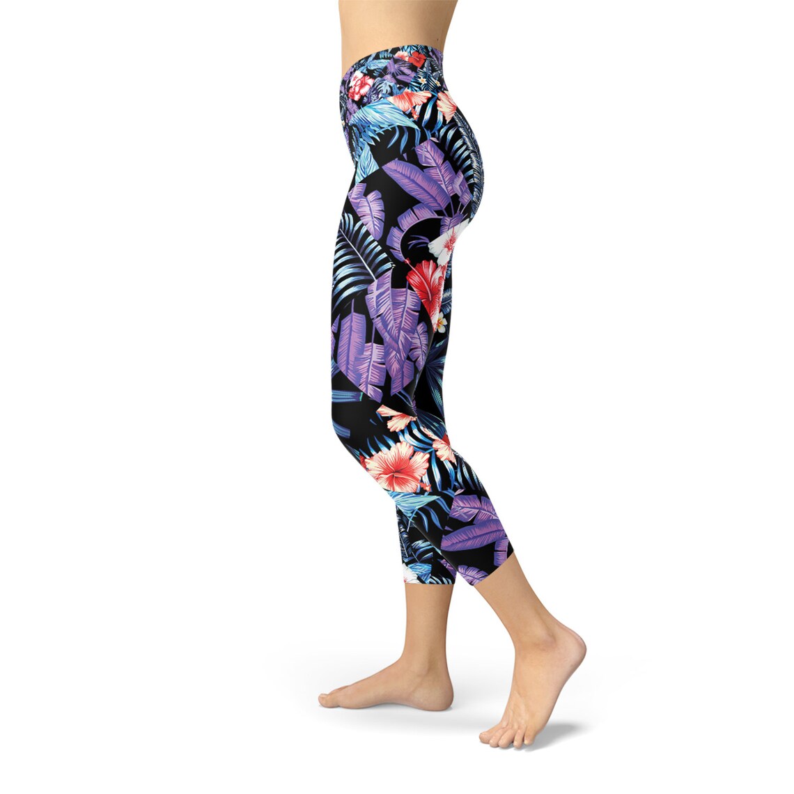 Hawaiian Hibiscus Floral Yoga Capri Leggings for Women High Waisted Mid ...