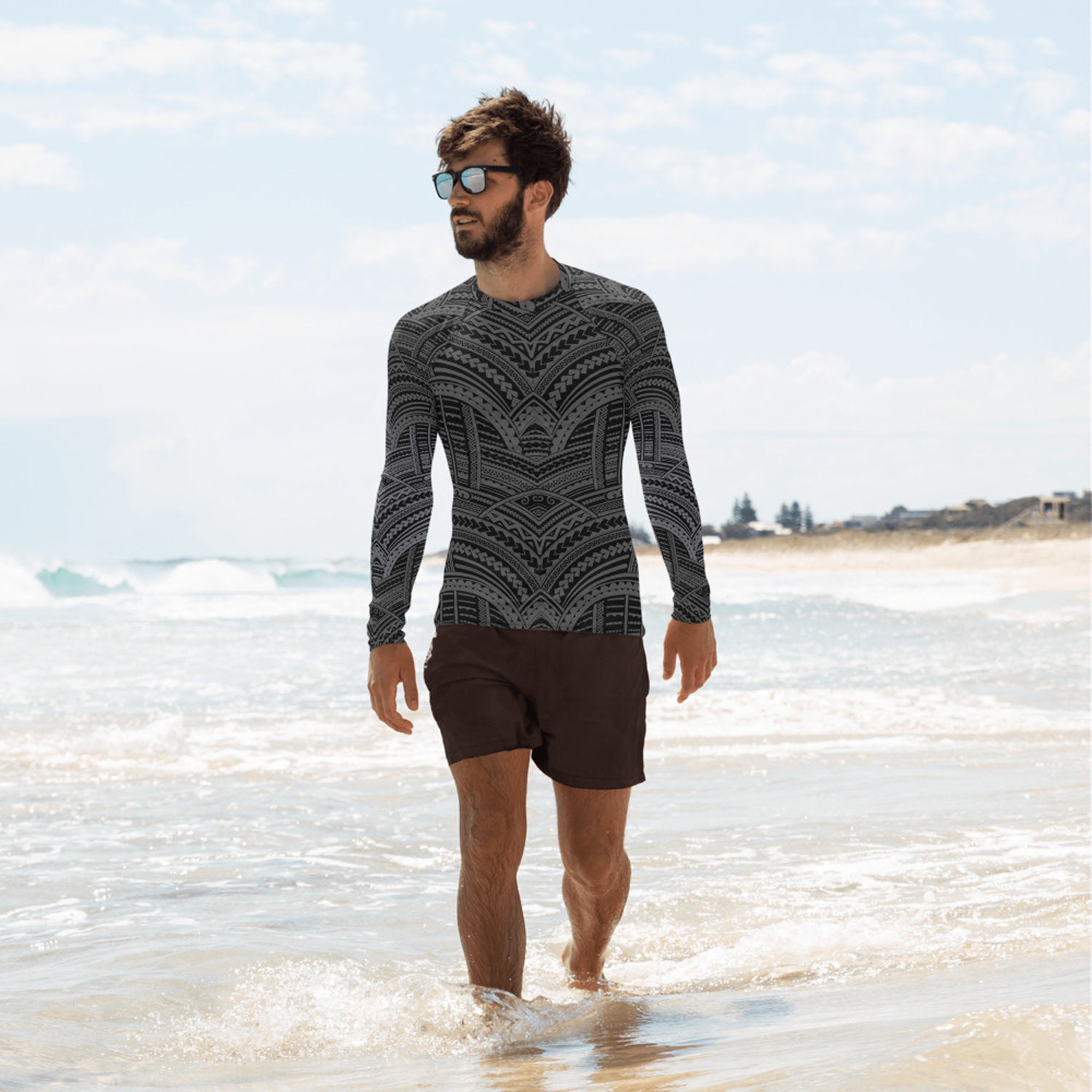 Maori Tattoo Rash Guard for Men - Long Sleeve Gunmetal Gray Inspired ...