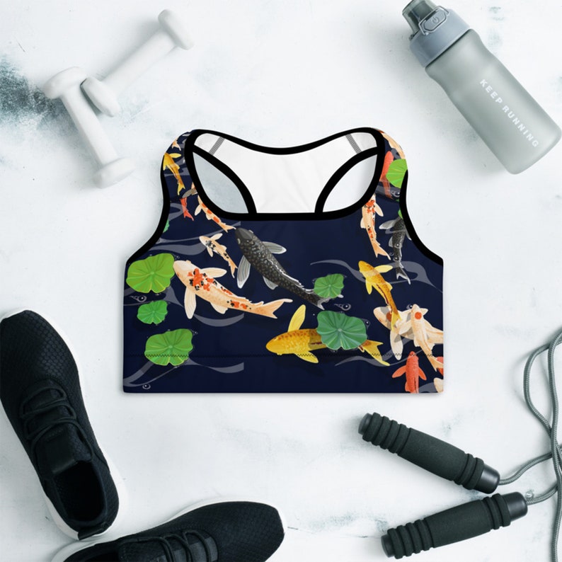 Koi Fish Padded Sports Bra for Women - All Over Print Navy Blue School ...