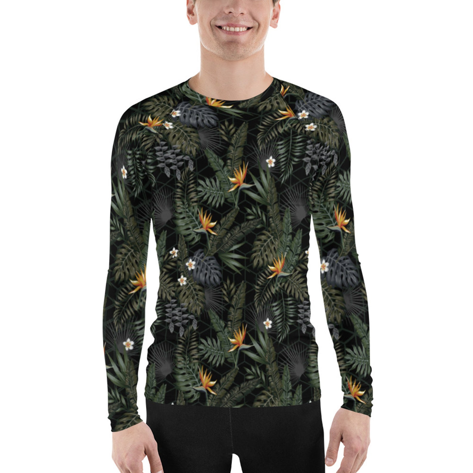 Mens Rash Guard Long Sleeve - Bird of Paradise Tropical Floral Pattern ...