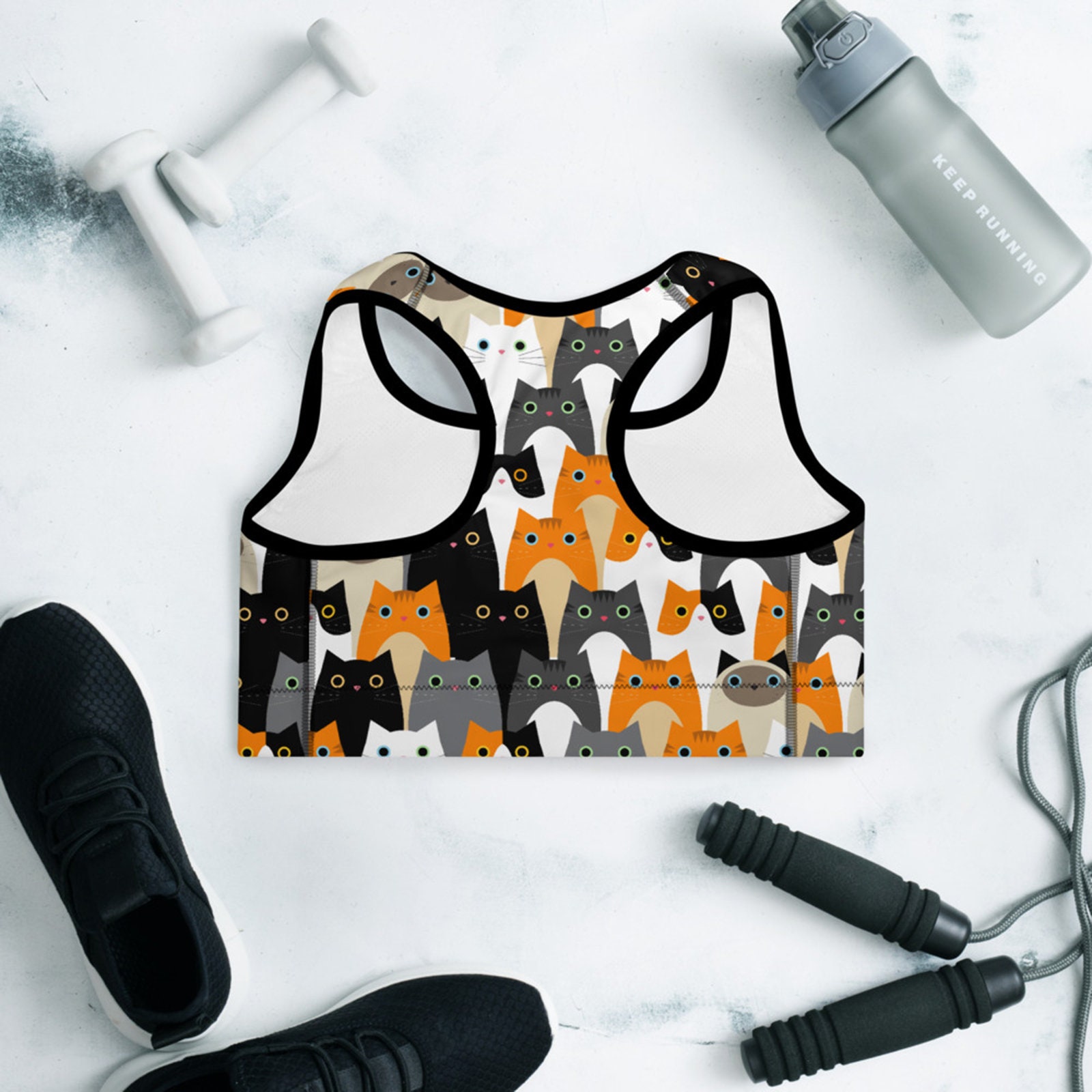 Cat Padded Sports Bra for Women - Cats Pattern All Over Print, Perfect ...