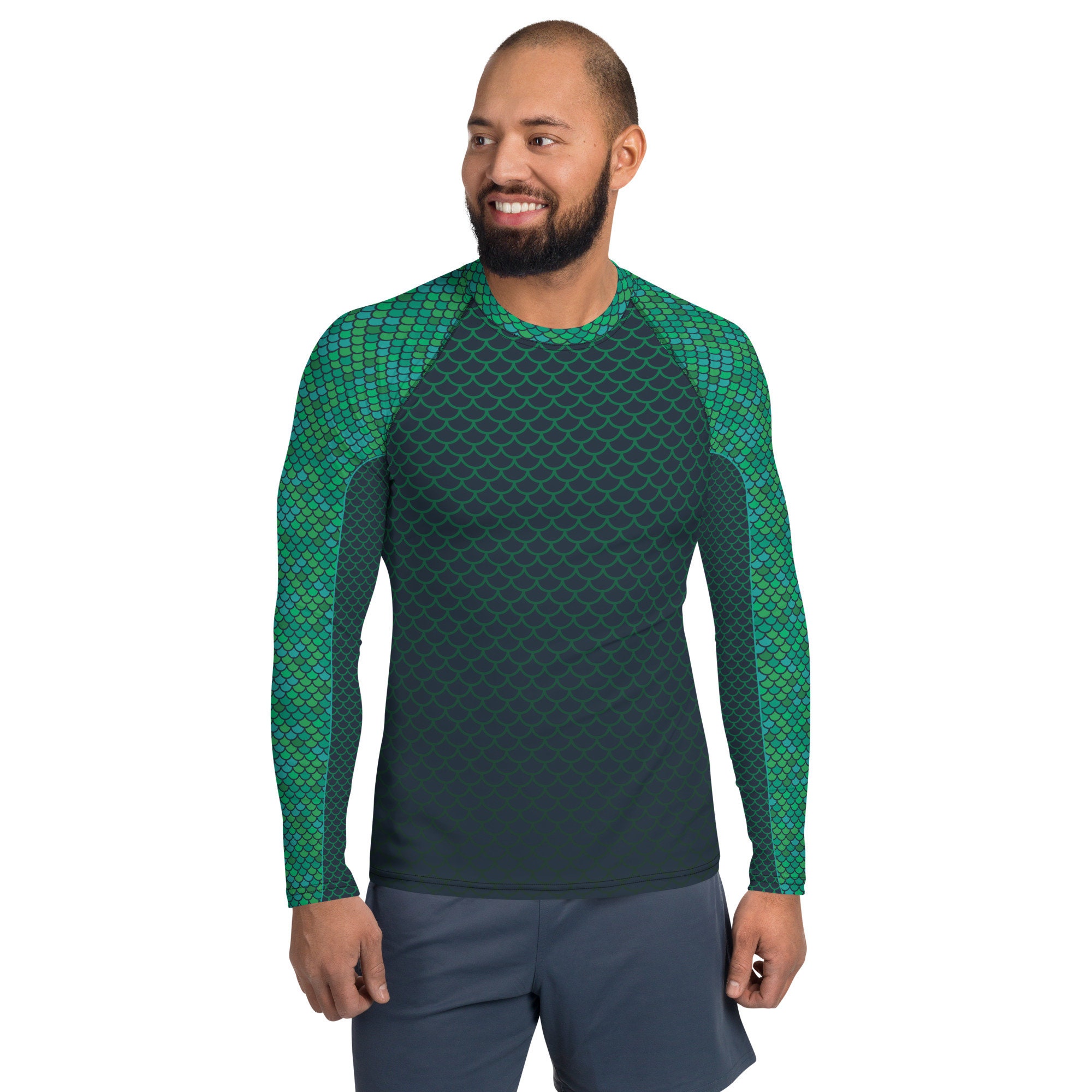 Green Merman Long Sleeve Rash Guard for Men Mermaid Fish | Etsy