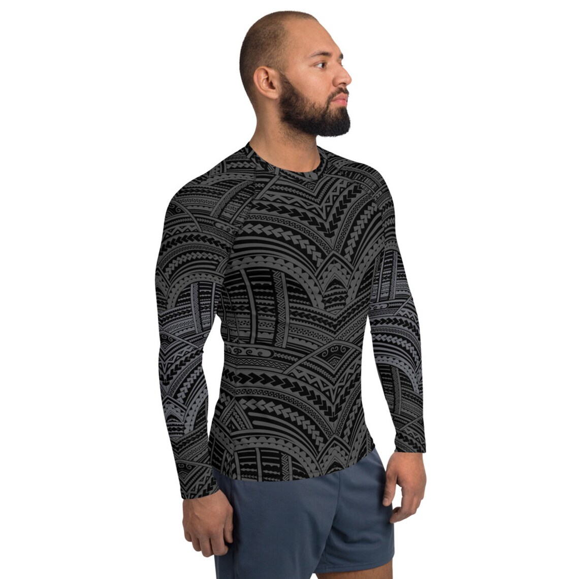 Maori Tattoo Rash Guard for Men - Long Sleeve Gunmetal Gray Inspired ...