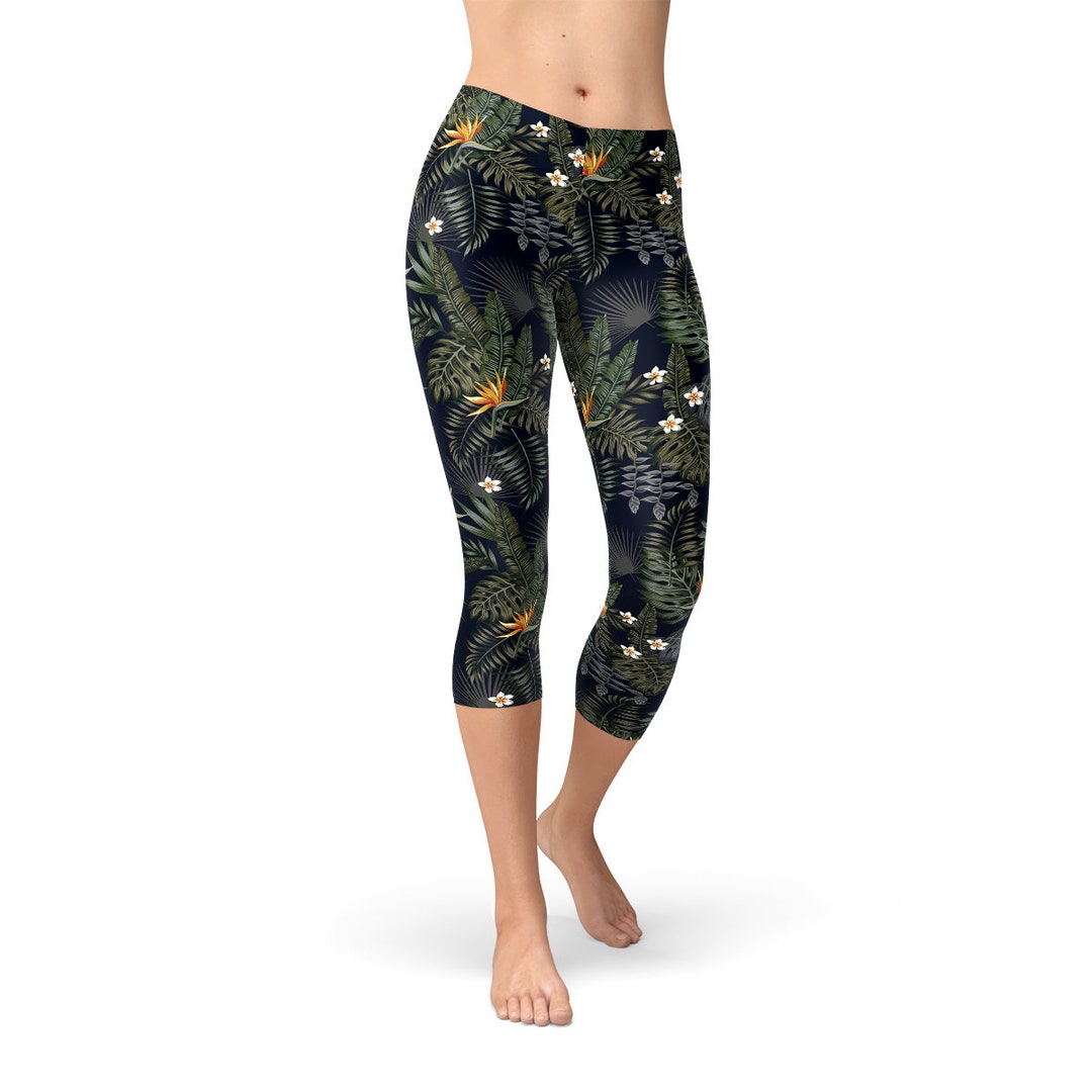 Bird of Paradise Black Capri Leggings - Exotic Plants Capris, Tropical ...