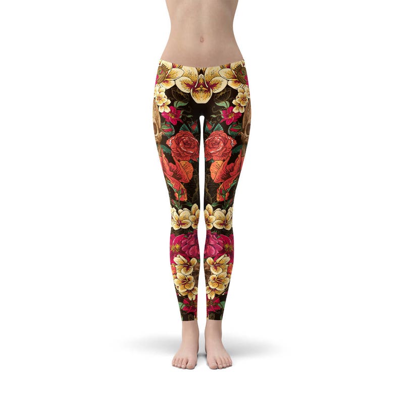 Skull And Roses Leggings Day Of The Dead Leggings Halloween Etsy