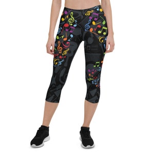 Music Notes Capri Leggings for Women - Black Capri Leggings With ...