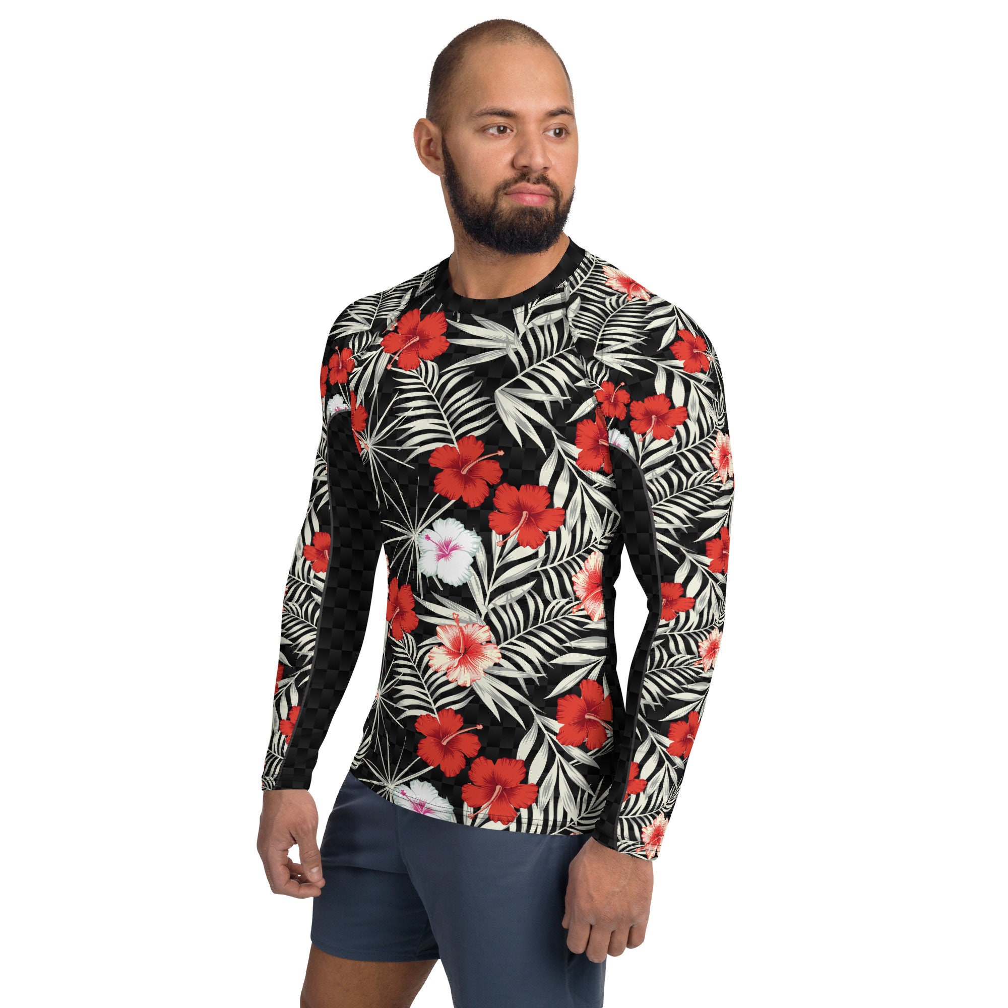 Tropical Floral Long Sleeve Rash Guard for Men Hibiscus Flower Pattern ...