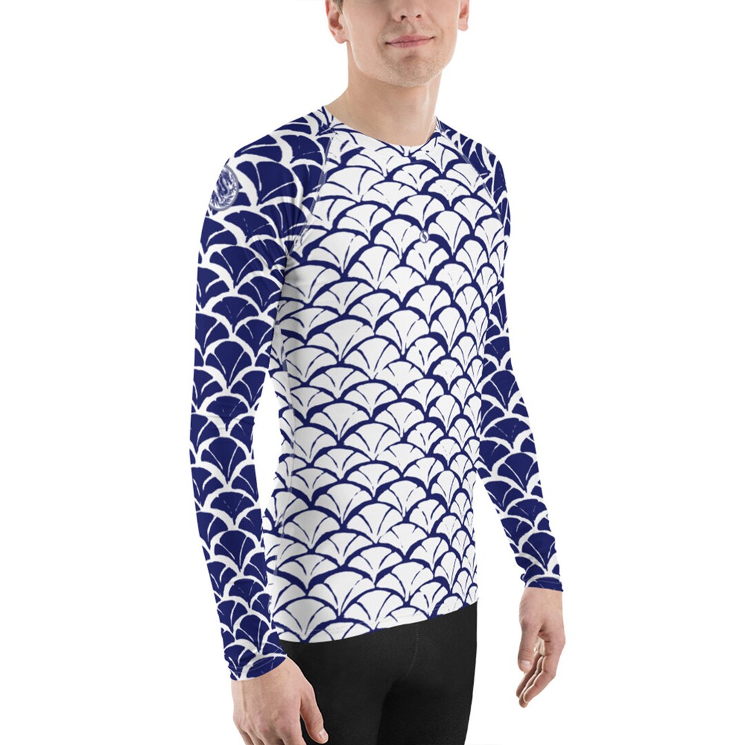 Mens Rash Guard - Japanese Dragon Blue Scales Print Long Sleeve ...