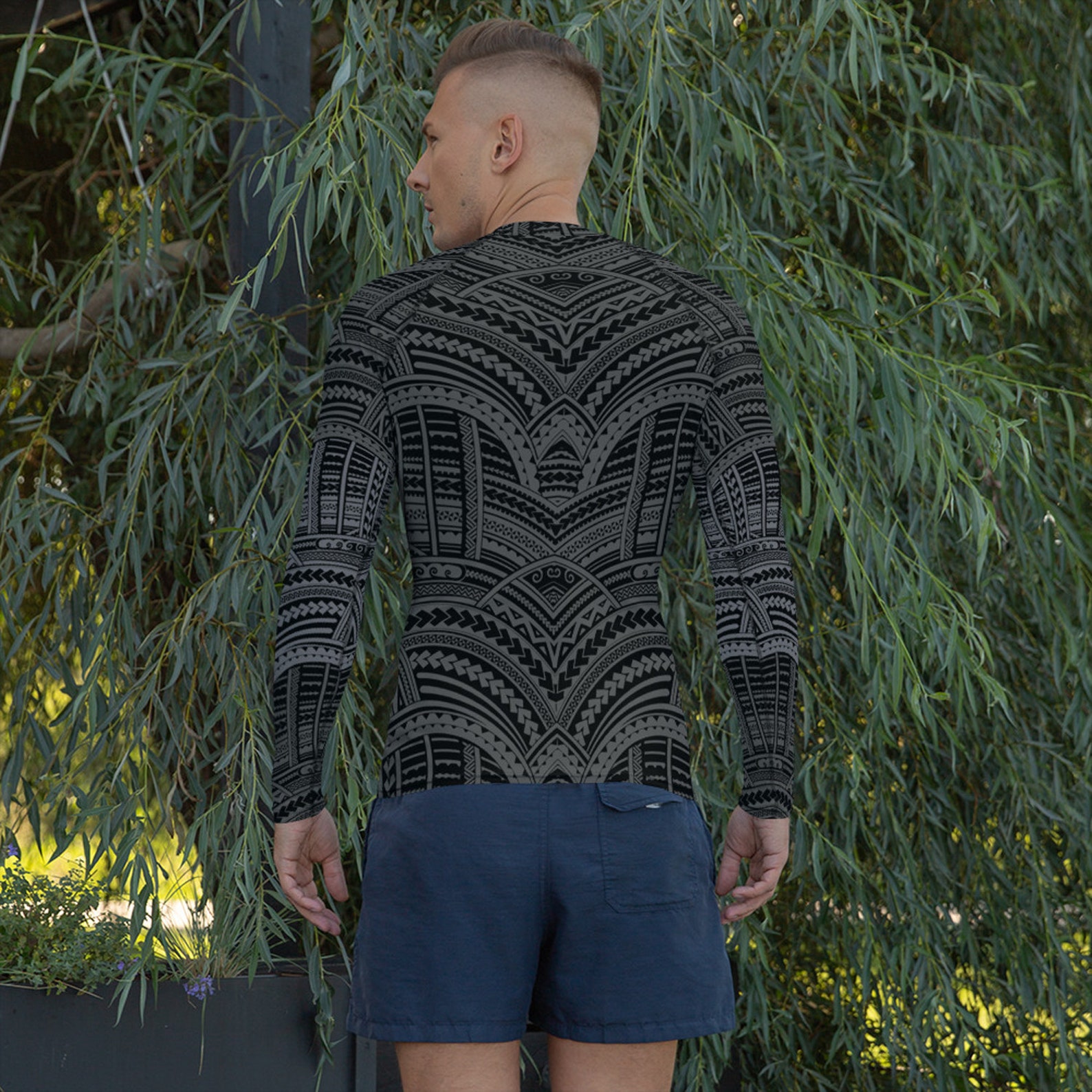 Maori Tattoo Rash Guard for Men - Long Sleeve Gunmetal Gray Inspired ...