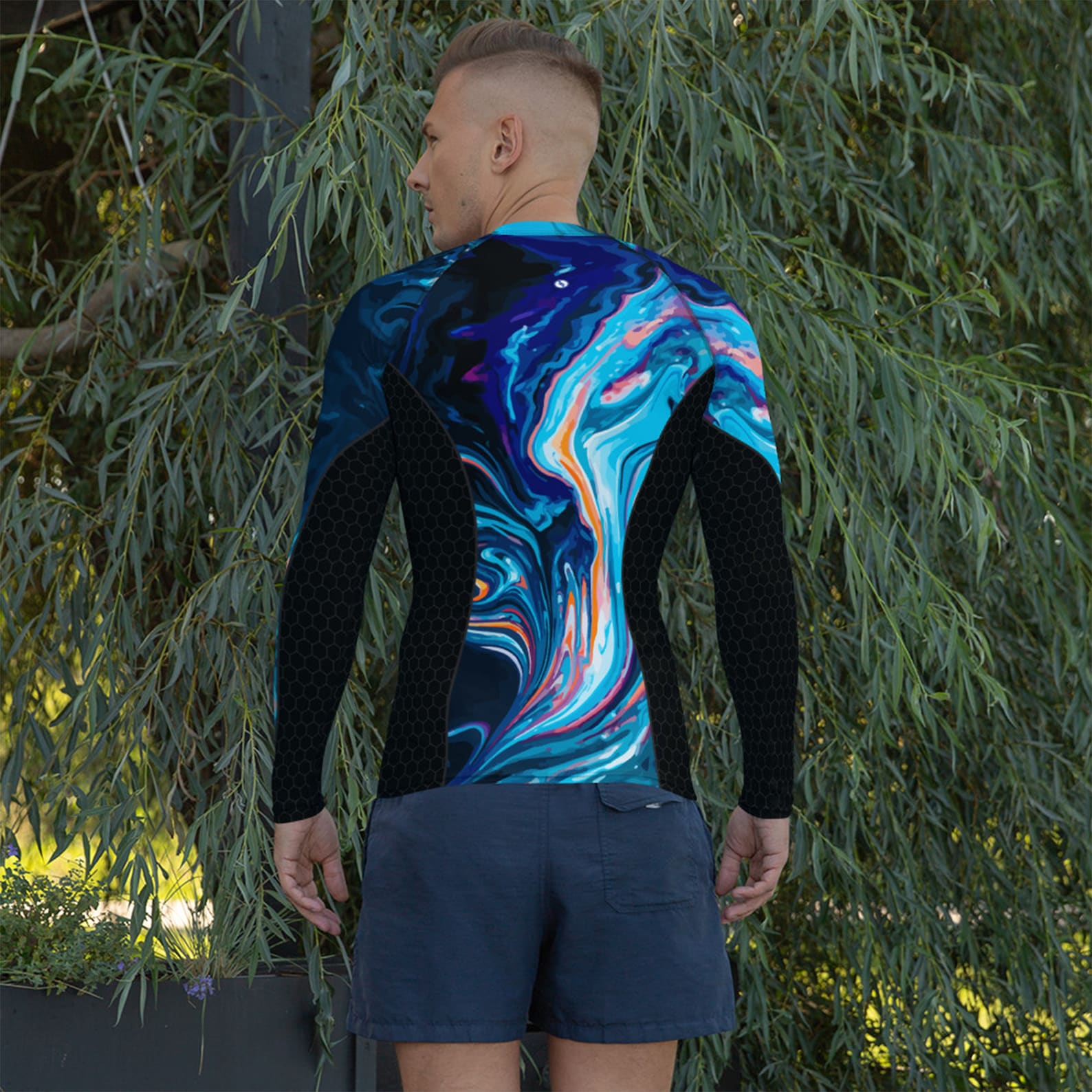 Mens Rash Guard - Marble Pattern Print High Visibility Long Sleeve ...