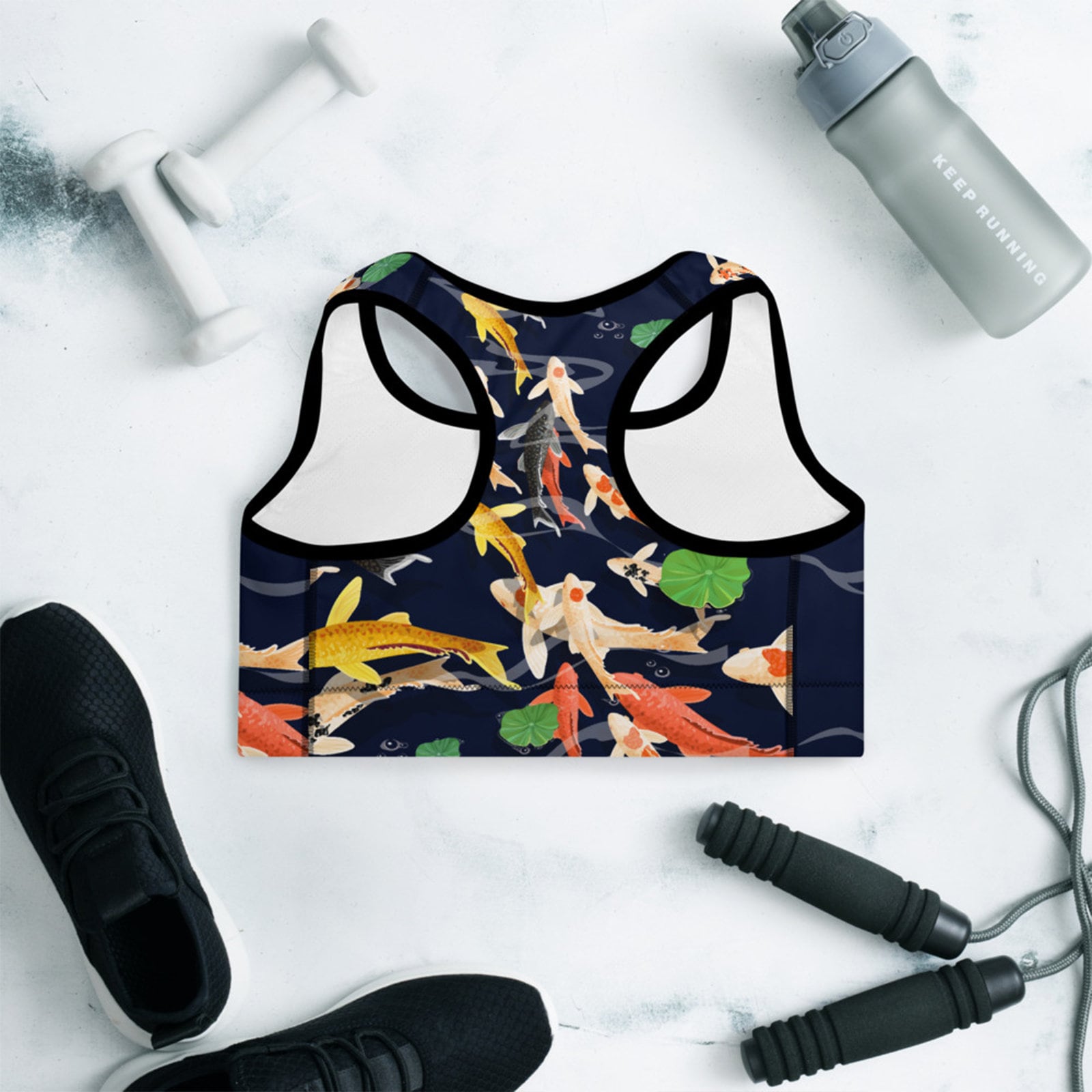 Koi Fish Padded Sports Bra for Women - All Over Print Navy Blue School ...