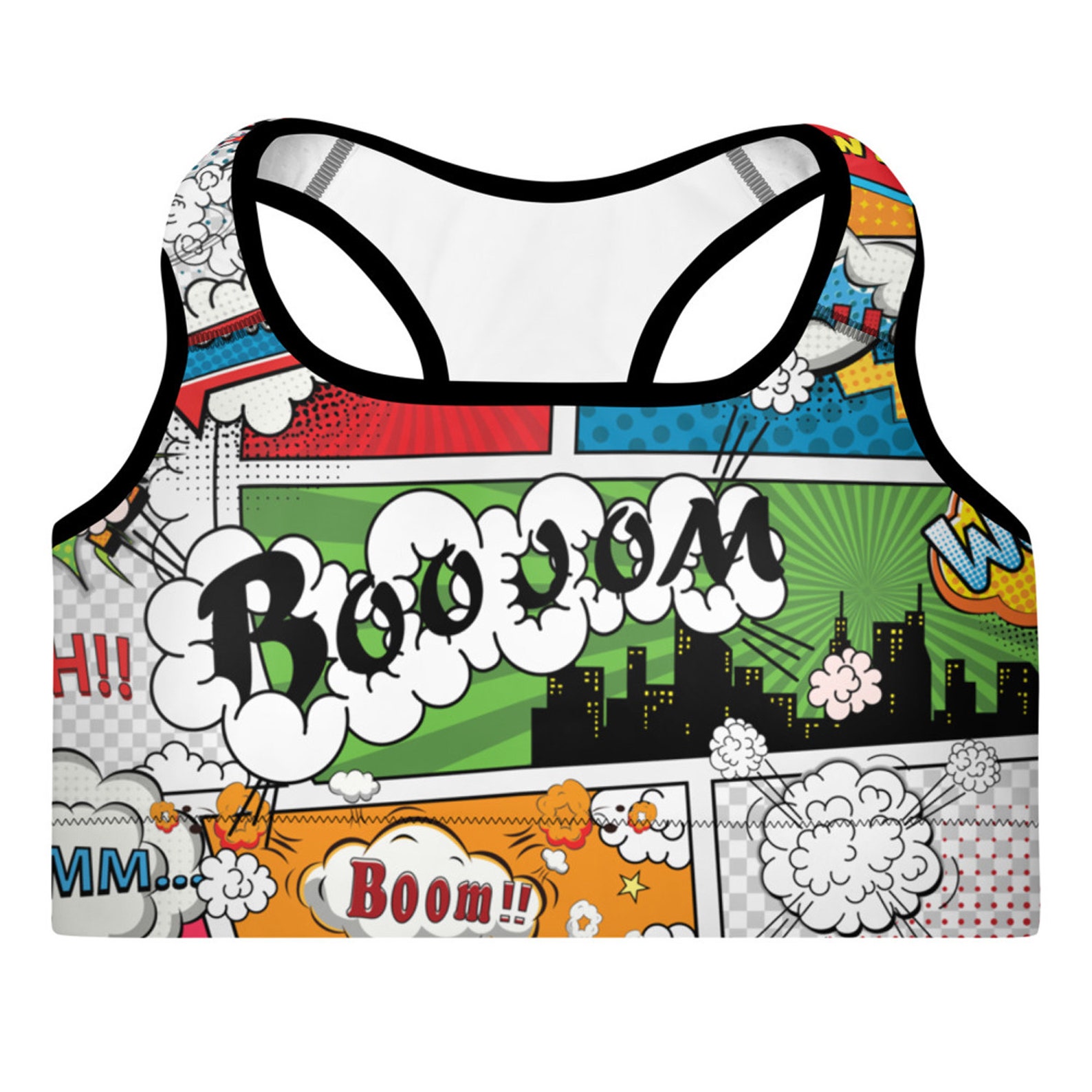 Comic Book Strip Padded Sports Bra for Women Pop Art Pattern Print for ...