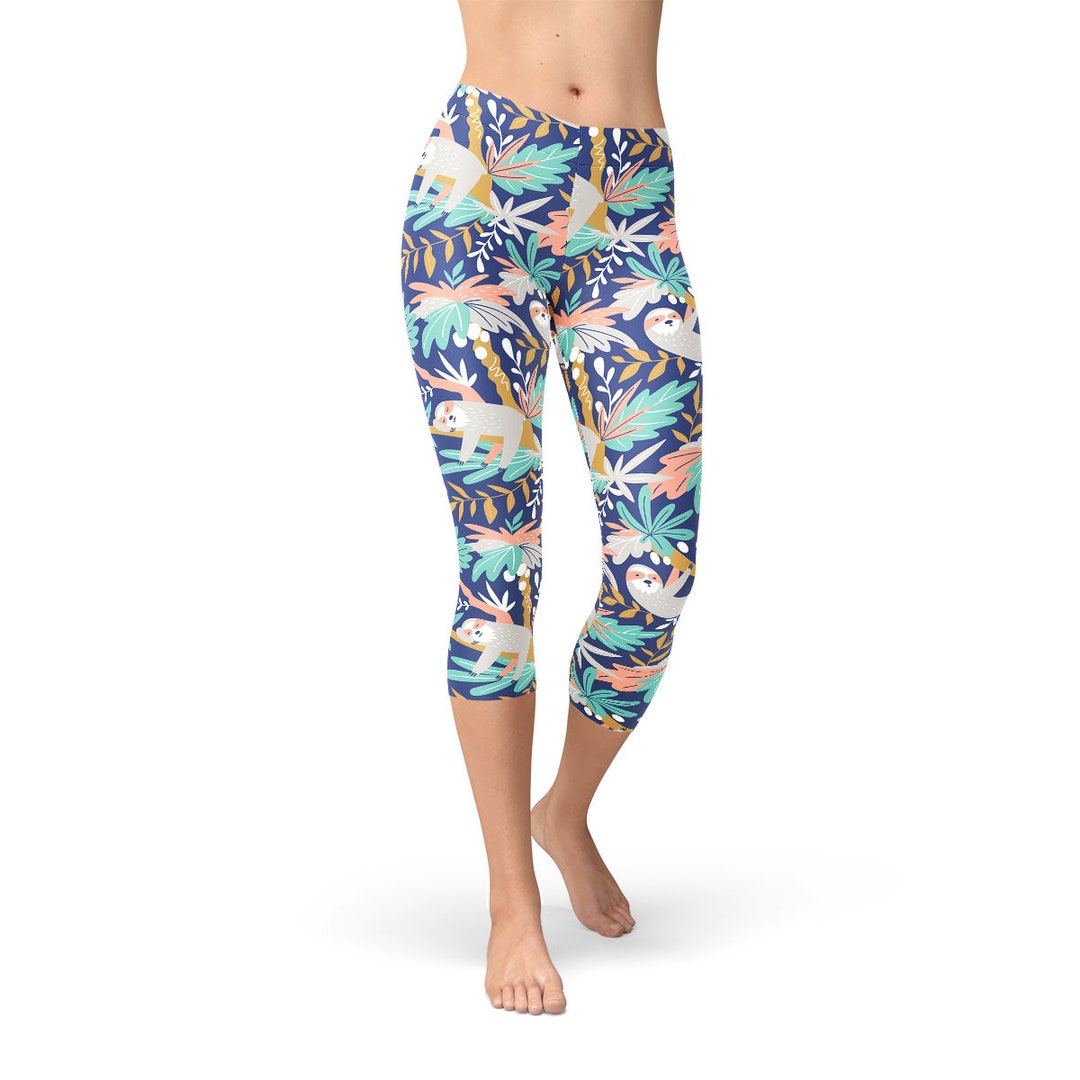 Sloth Capri Leggings, Sloth Yoga Pants, Sloth Tights, Cute Sloth Capri ...