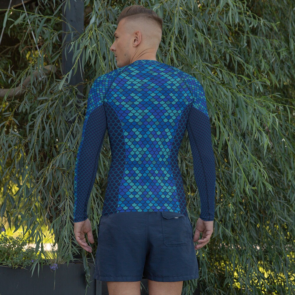 Blue Merman Long Sleeve Rash Guard for Men Mermaid Fish Scales Pattern ...