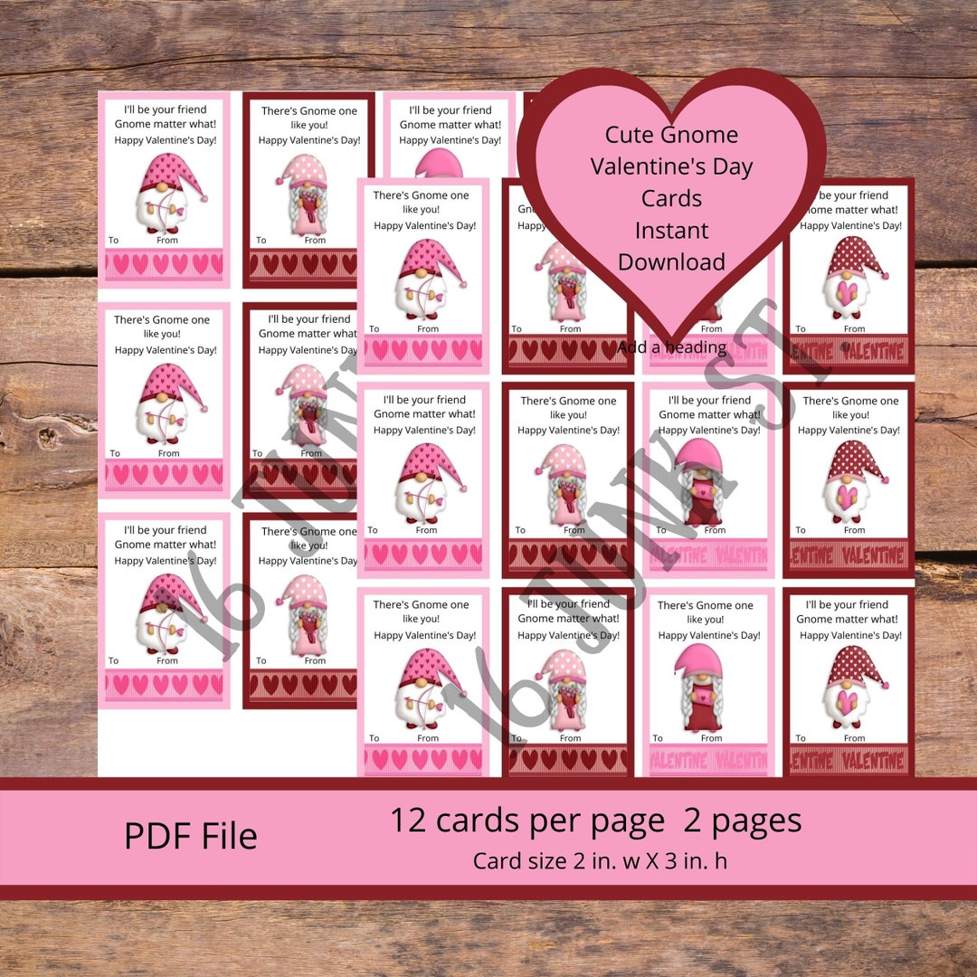 Gnome Valentine's Day Cards / Printable Gnome Cards / Instant Downloads ...