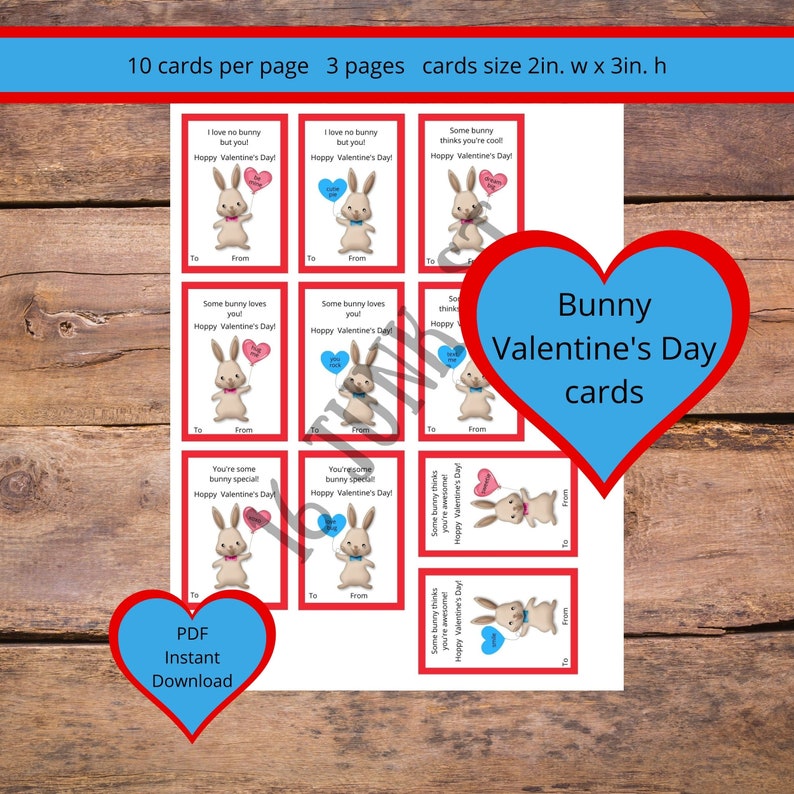 Bunny Valentine's Day Cards / Printable Valentine's - Etsy