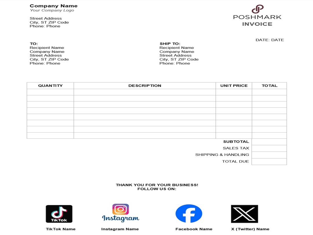 POSHMARK Invoice Receipt Template. Digital Download Invoice Template ...