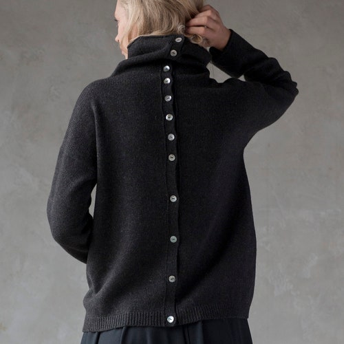 WOOL SWEATER Roll Neck Sweater Button Back Sweater Knitted - Etsy