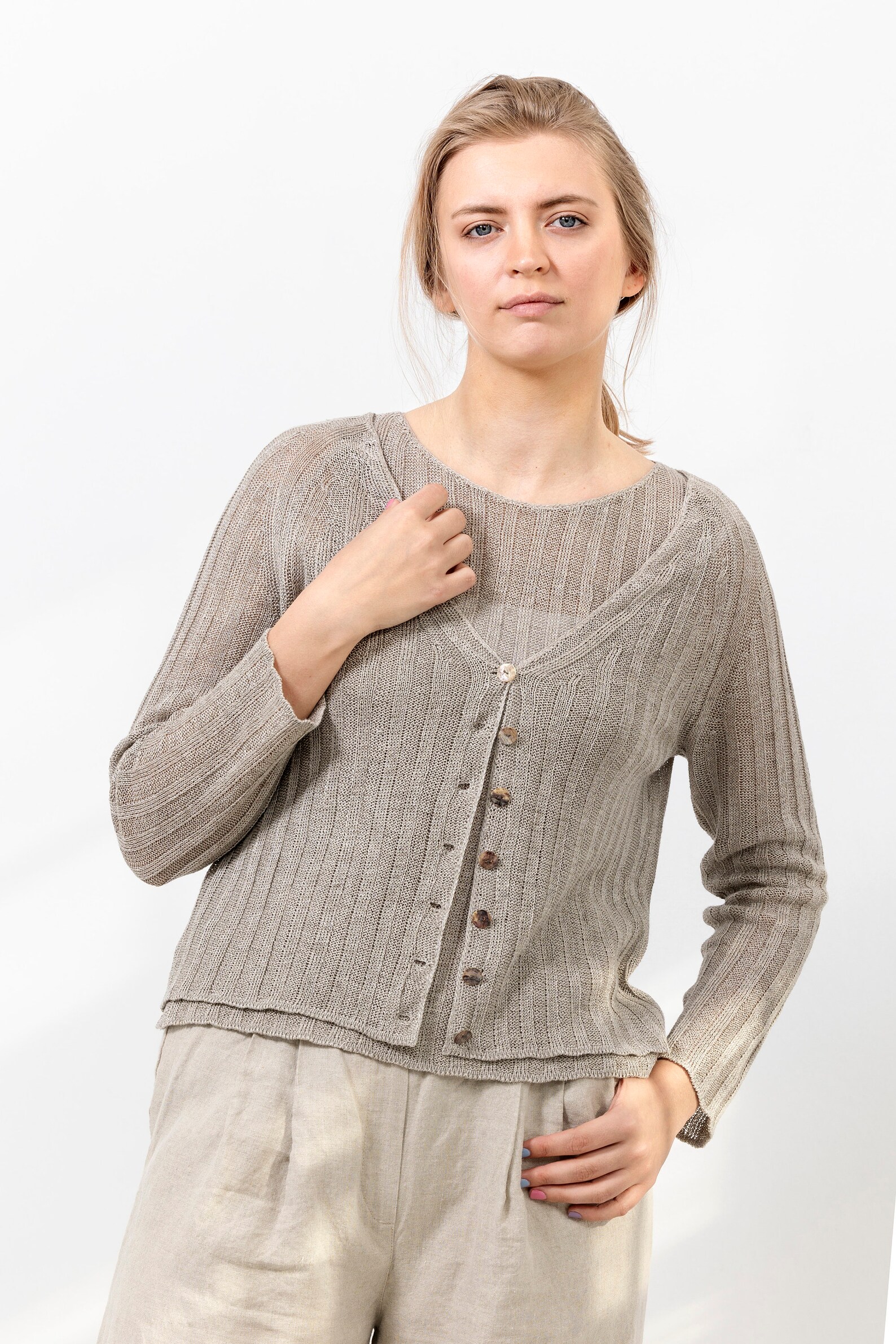 Handmade Linen Cardigan: Knit Ribbed Button-up Summer Knitwear - Etsy