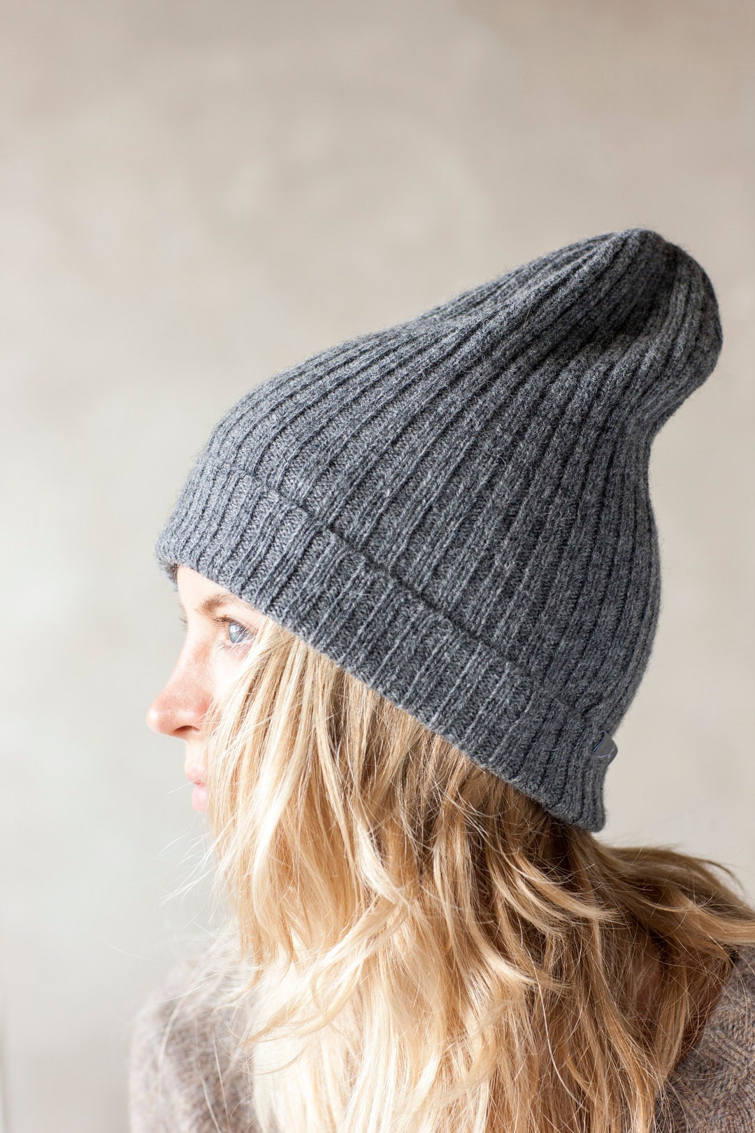 Slouchy BEANIE in Grey, Wool Winter Hat, Organic Winter Hat, Knit Black ...