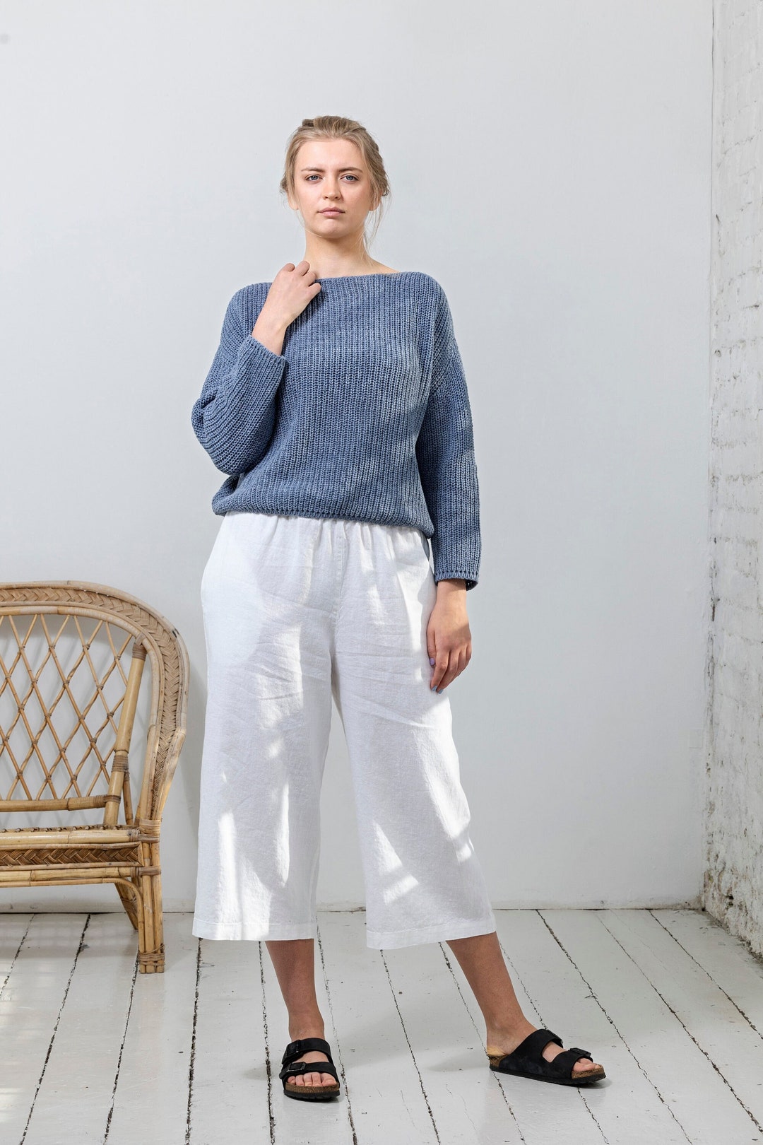 White Linen Capri Trousers: Wide Leg Cropped Pants With Pockets - Etsy UK
