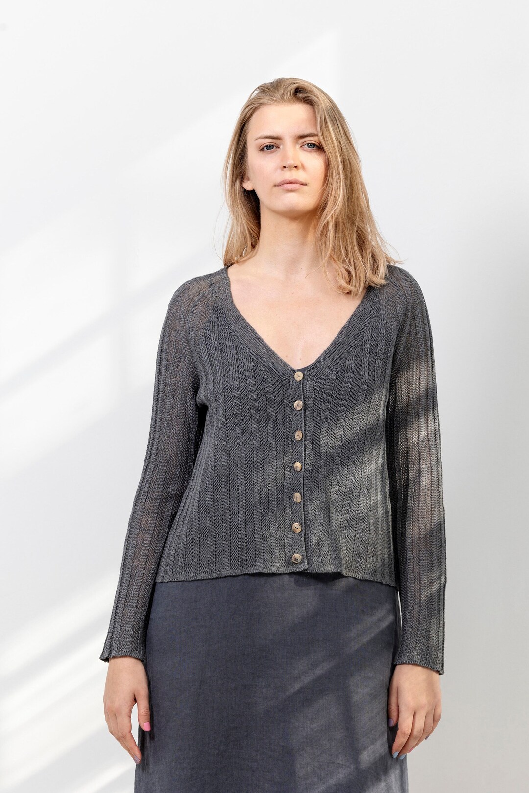 Linen Summer Cardigan, Ribbed Pure Linen Cardigan, Knitted Linen ...