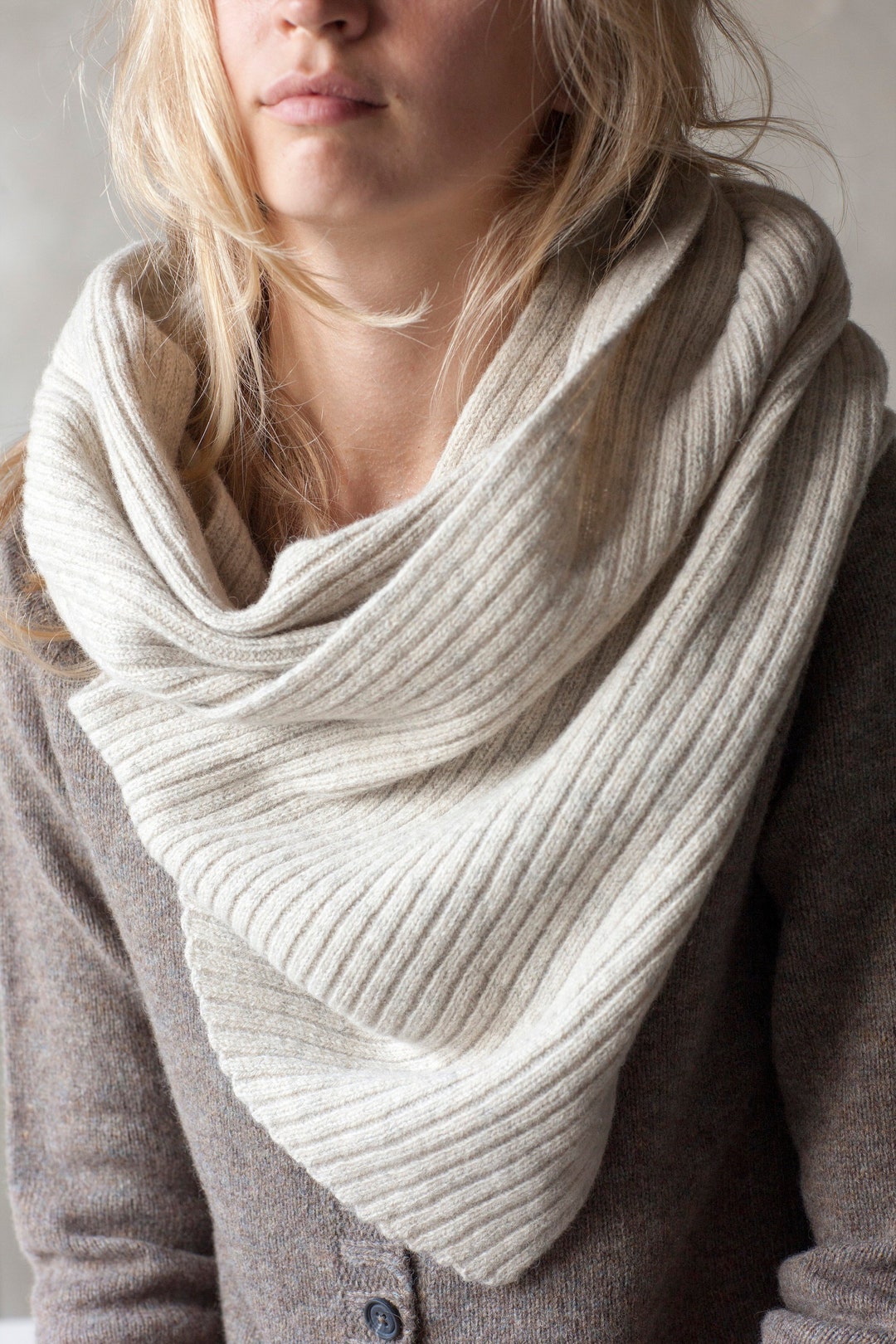 Knitted WOOL SCARF, Wide Organic Wool Shawl, Unisex Wool Scarf, Winter ...