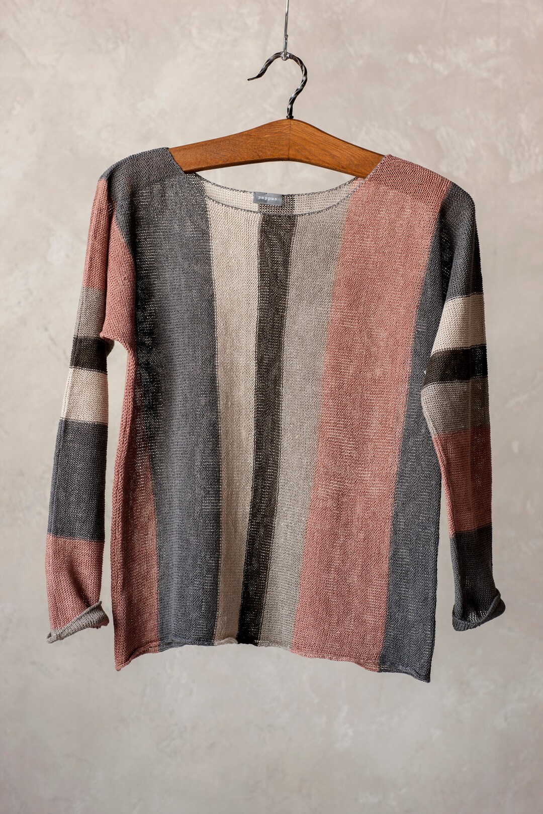 Knitted LINEN Sweater, Kimono Sleeve Linen Jumper, Striped Crew Neck ...