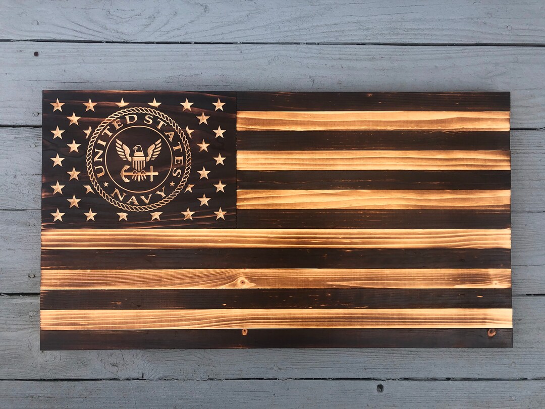 Rustic US Navy Flag: Engraved Emblem, Handmade Wood - Etsy