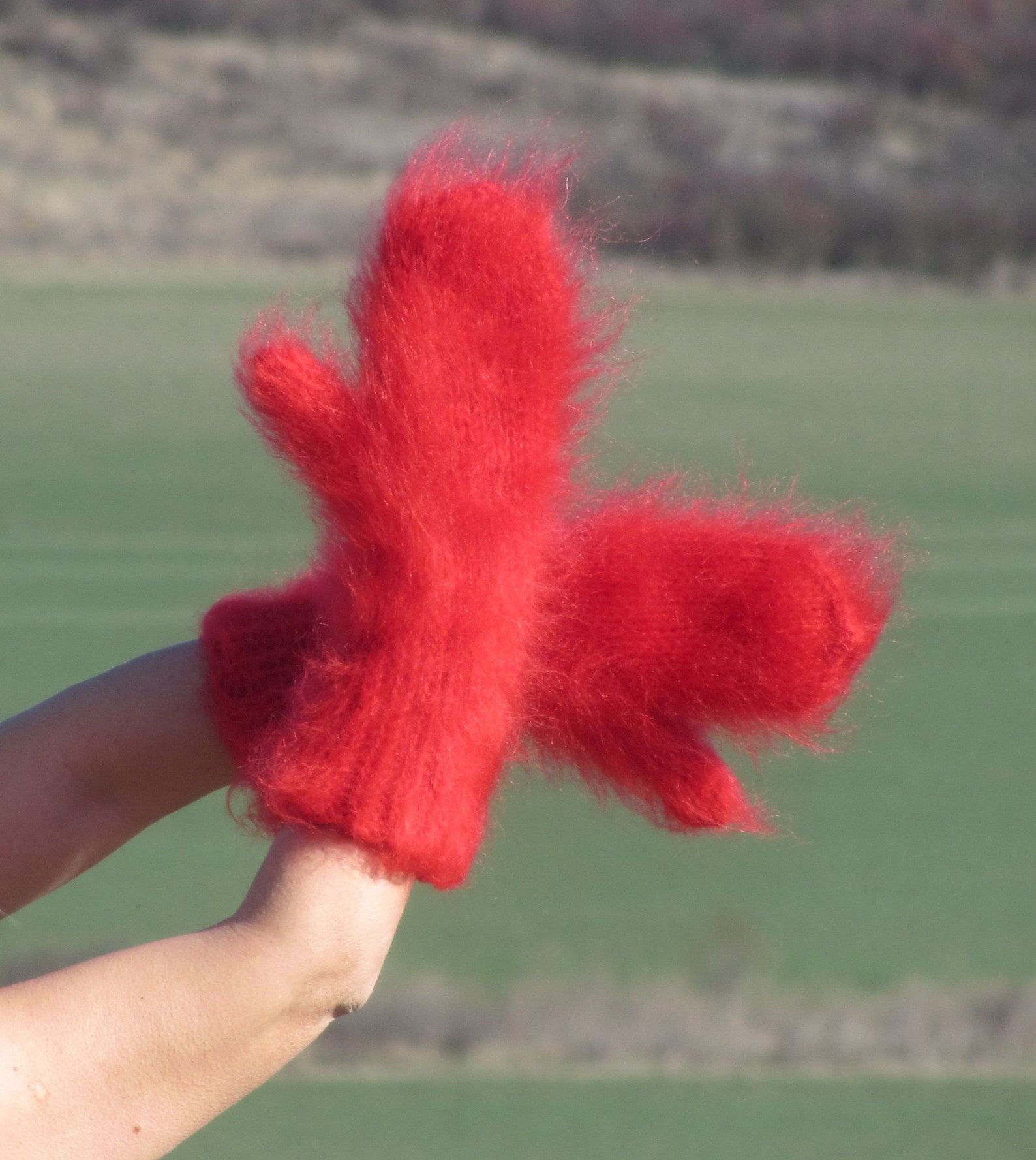 FUZZY Mohair Mittens BRIGHT RED Handmade Warm Hand Knitted Hand Warmers ...