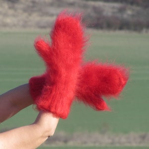 FUZZY Mohair Mittens BRIGHT RED Handmade Warm Hand Knitted Hand Warmers ...