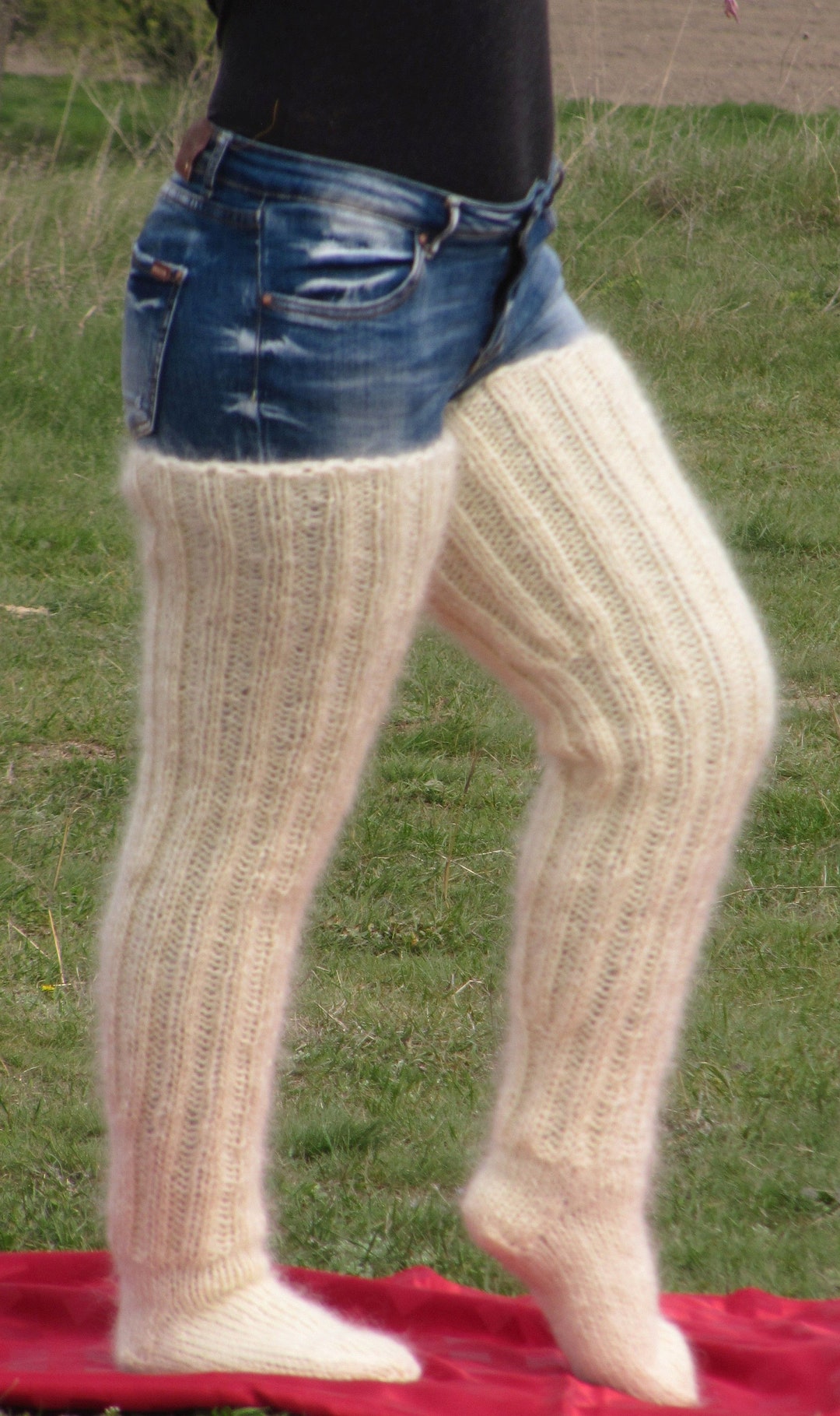 MOHAIR Long Socks Stockings IVORY Hand Knitted Leg Warmers Unisex Soft ...