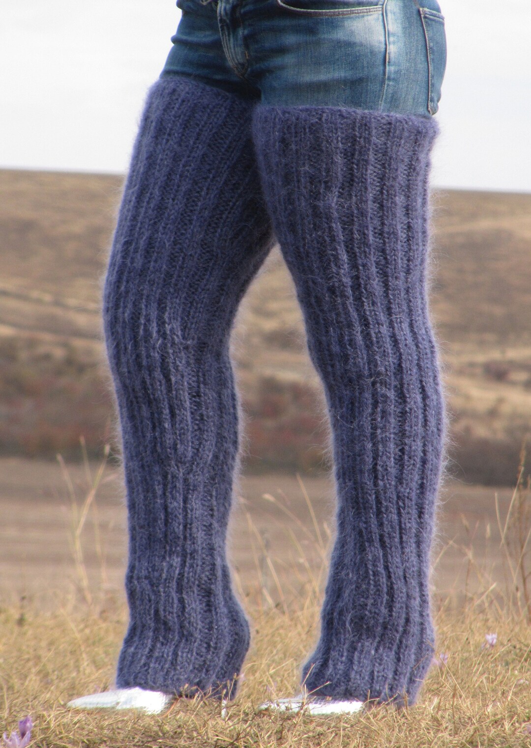 MOHAIR Hand Knitted Denim Melange Gaiters LEGWARMERS Legging Spats ...
