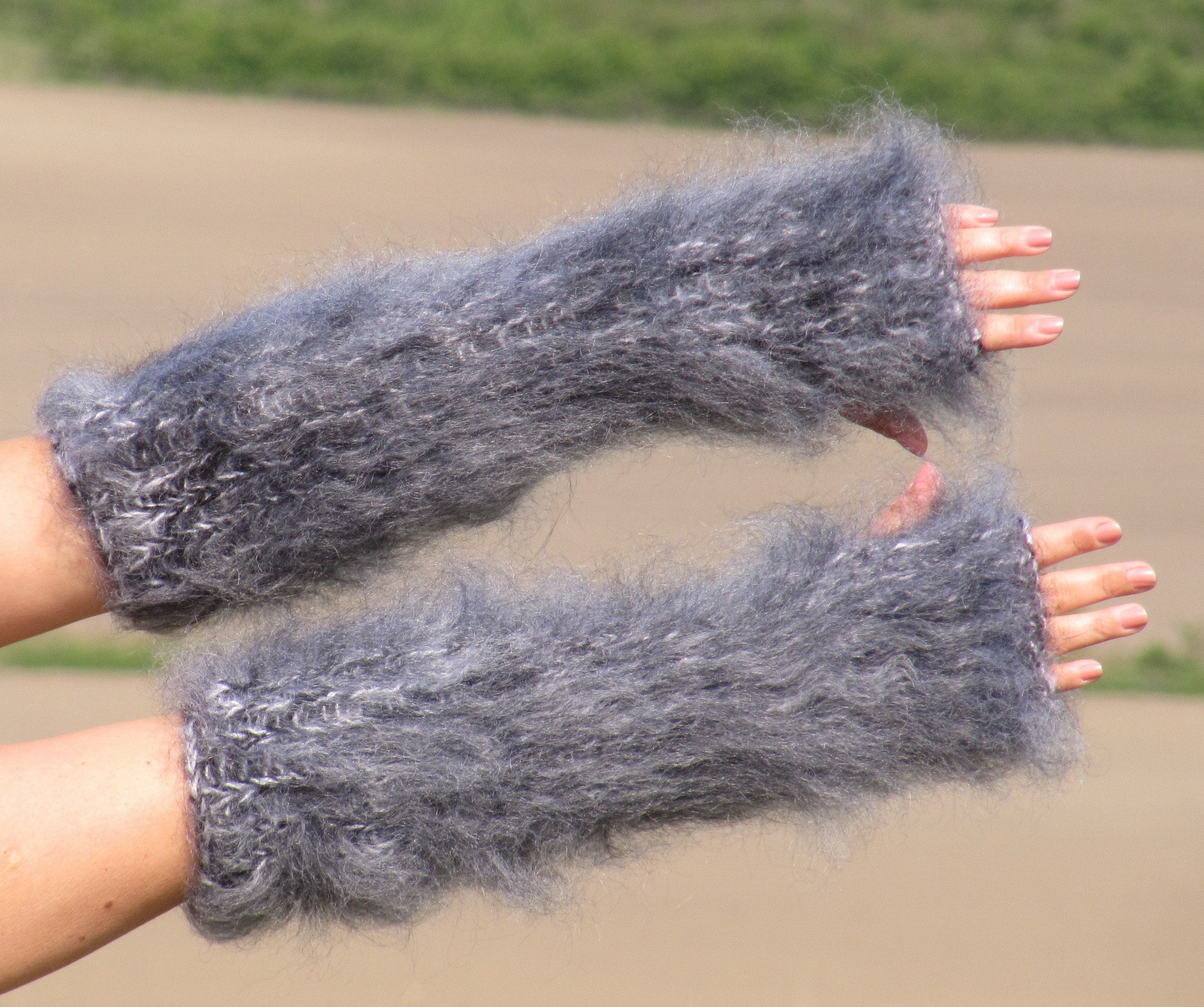FUZZY MOHAIR Hand Knitted Mittens Black and White Fingerless Gloves ...