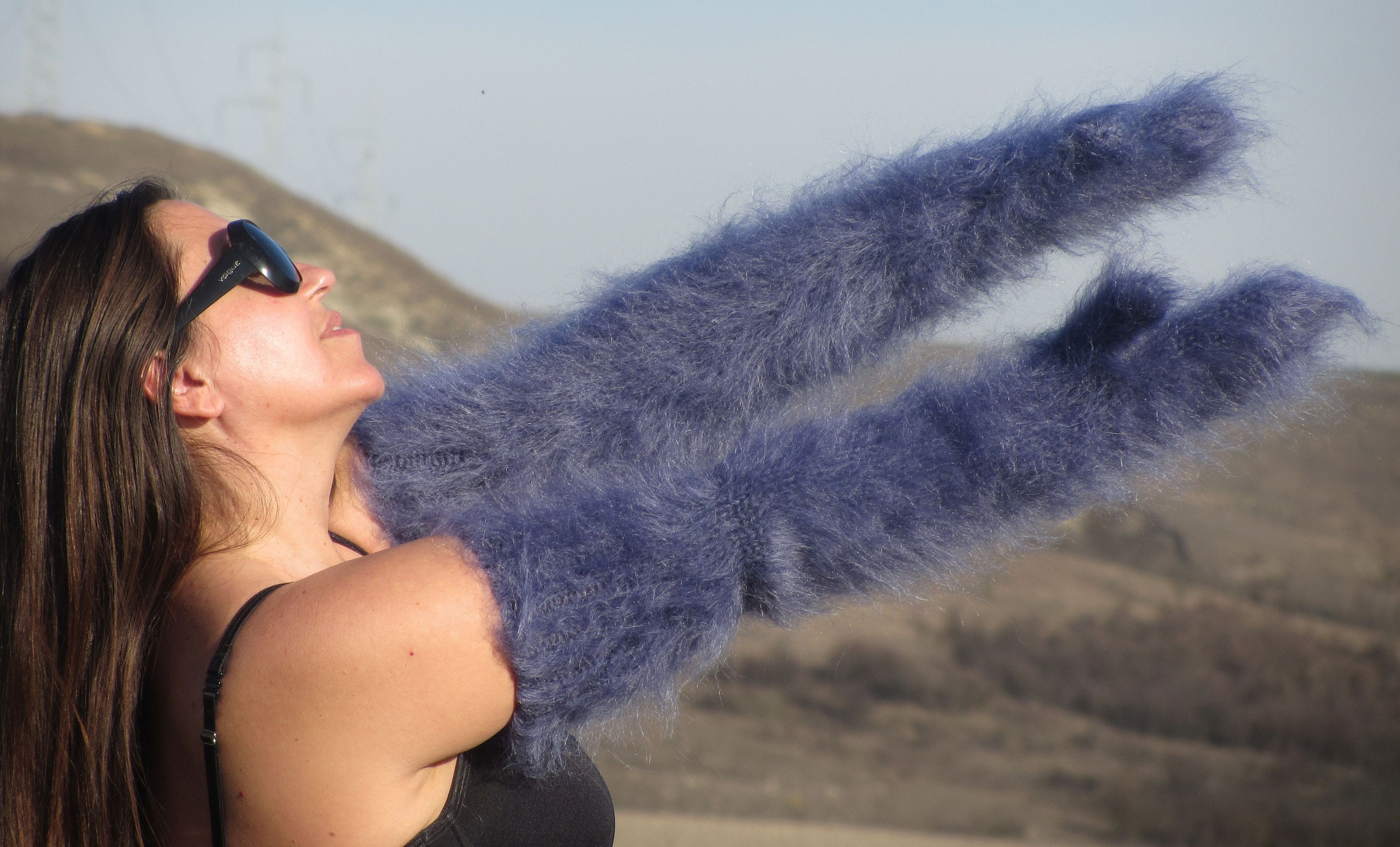 FUZZY Mohair Denim Melange Long Mittens Thick Warm Handmade - Etsy ...