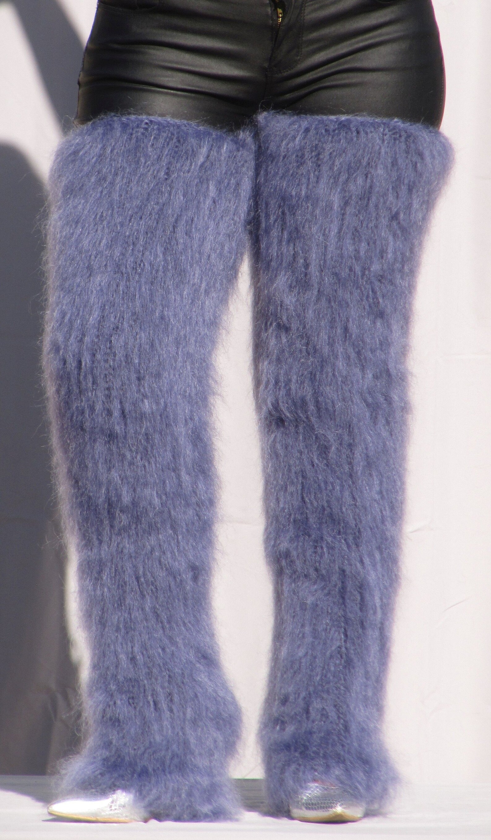 FUZZY MOHAIR Hand Knitted Denim Melange Gaiters LEGWARMERS Legging ...