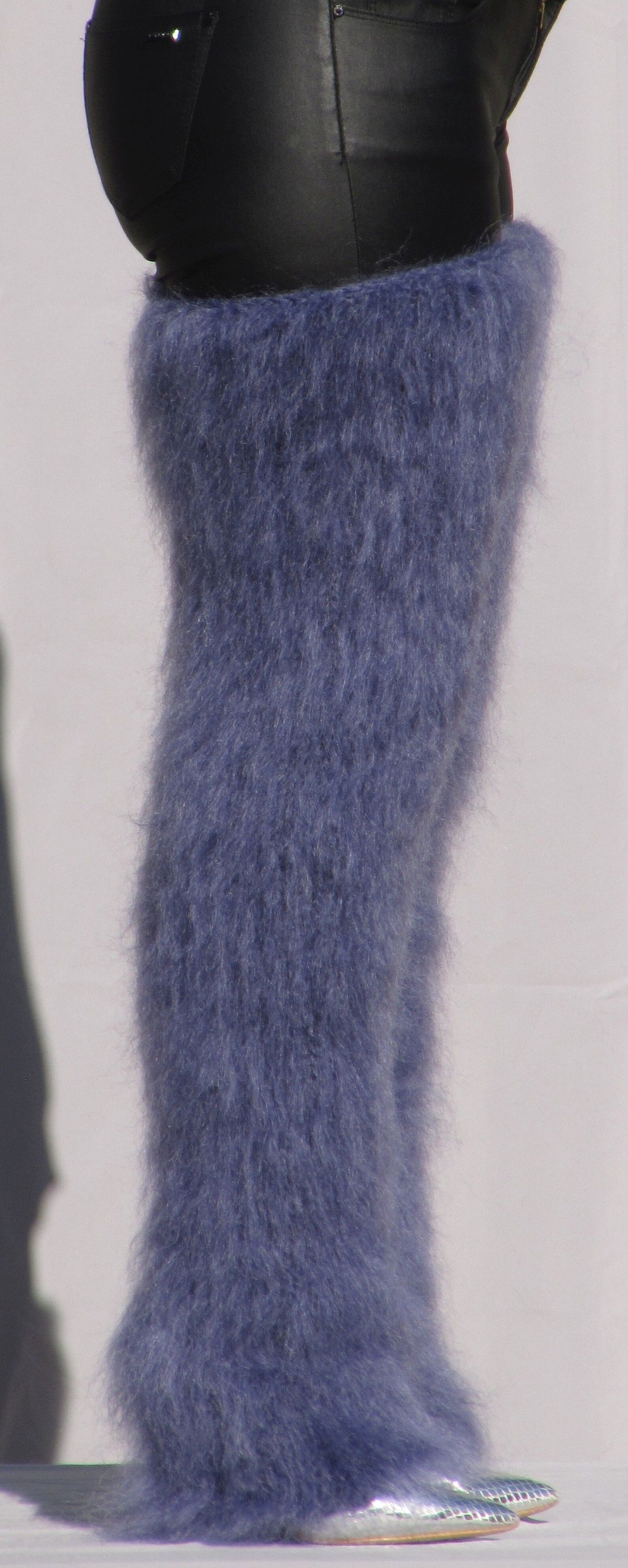 FUZZY MOHAIR Hand Knitted Denim Melange Gaiters LEGWARMERS Legging ...