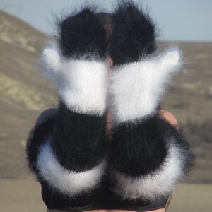 FUZZY Mohair ZEBRA Long Mittens Thick Warm Handmade Ski Black & Whide ...