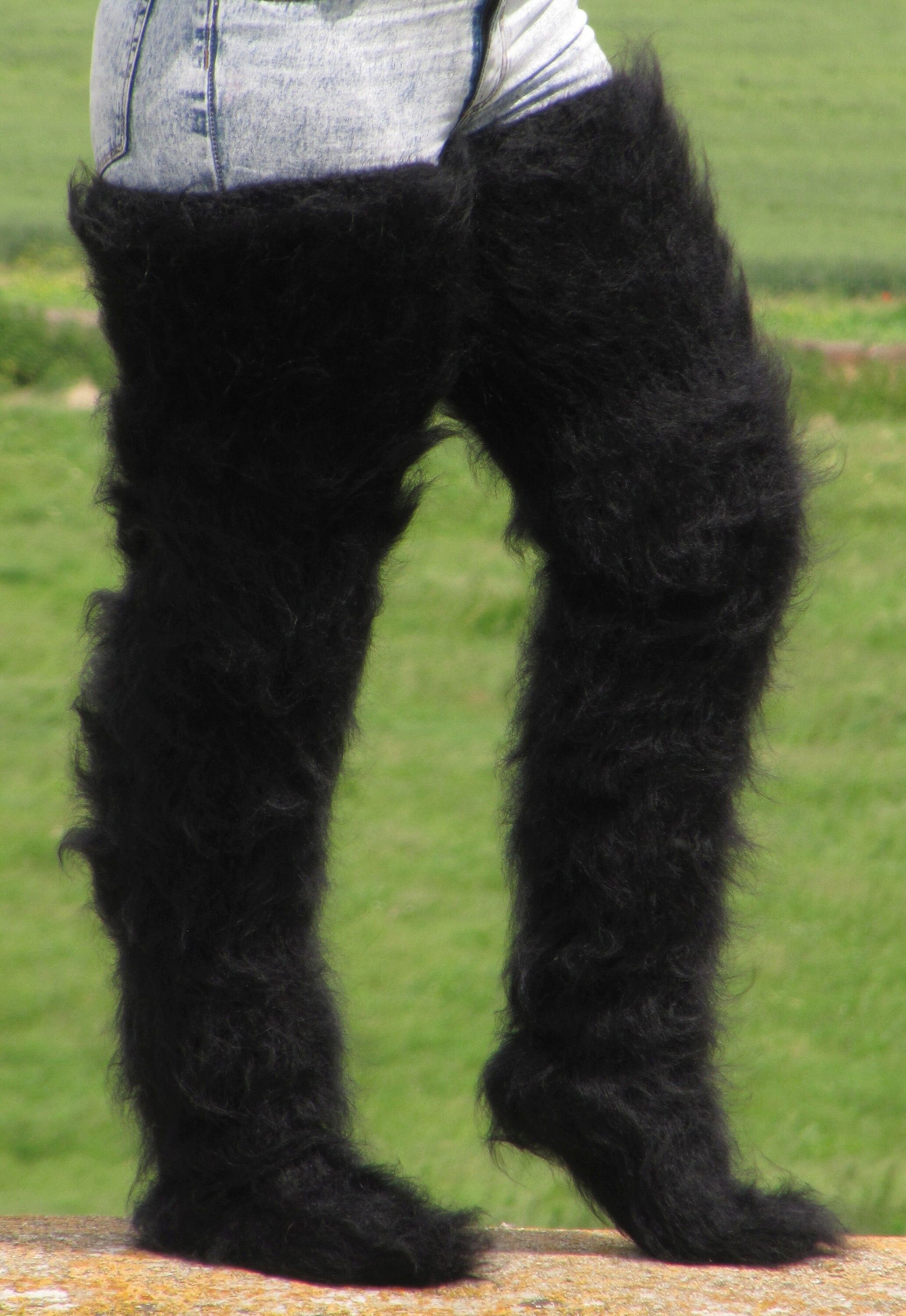 FUZZY MOHAIR Hand Knitted Long Socks Stockings BLACK Leg Warmers Fluffy ...