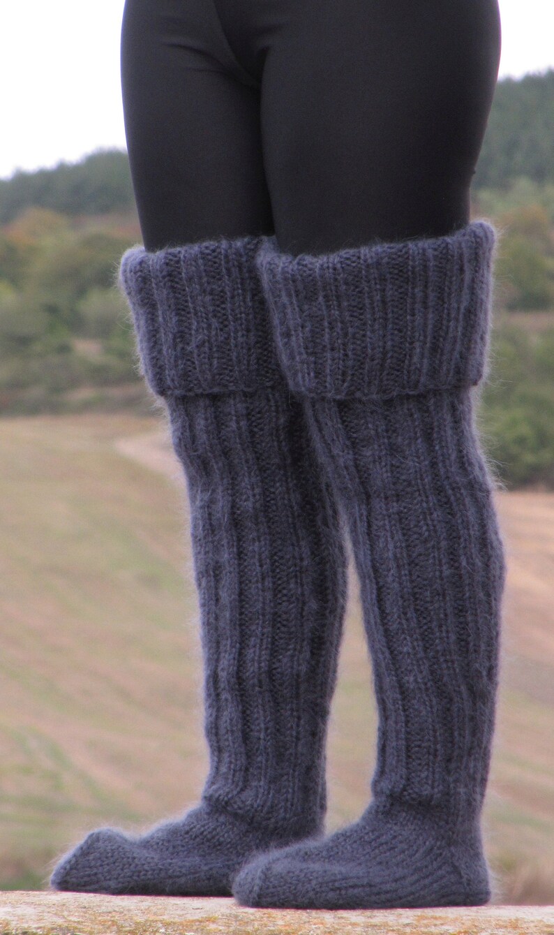 MOHAIR Hand Knitted Long Socks Stockings DARK GREY Leg Warmers Unisex ...