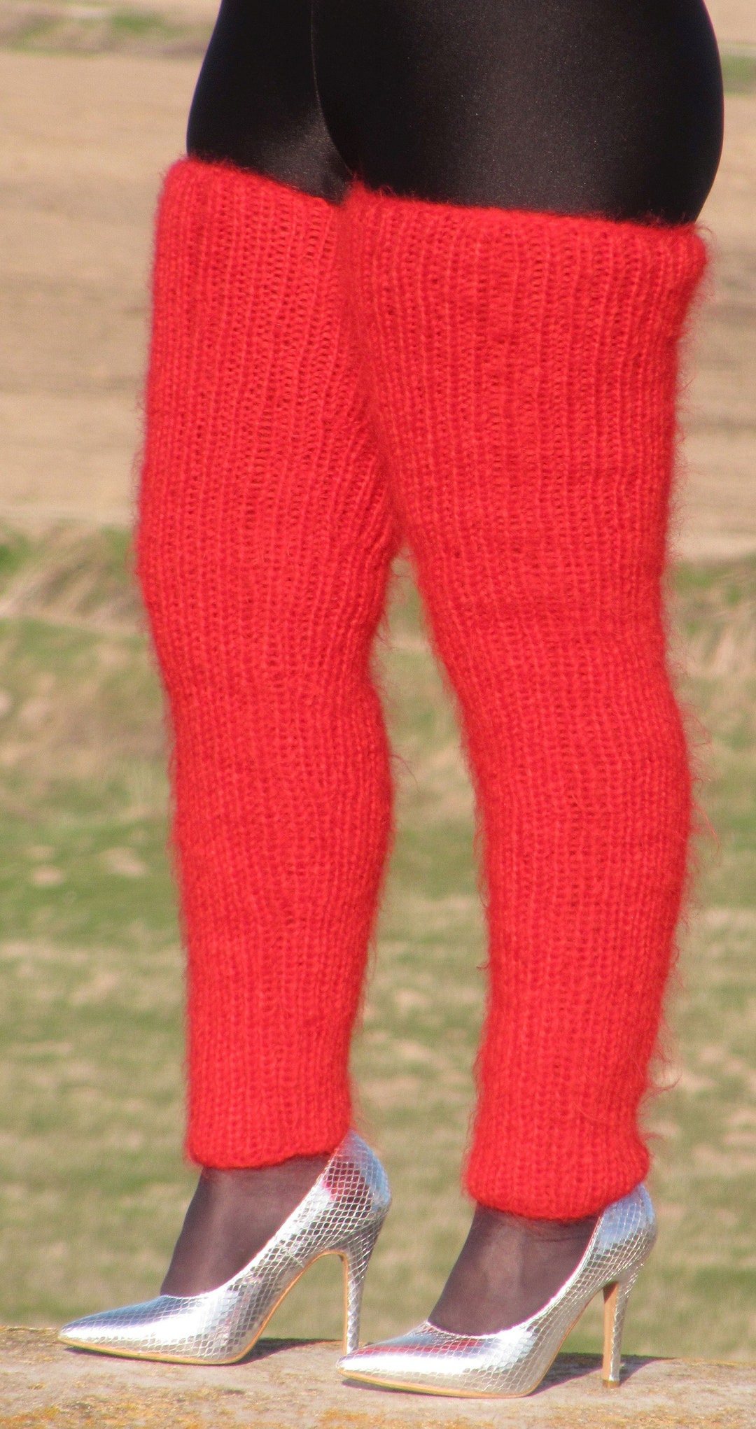 MOHAIR Hand Knitted Bright RED Gaiters LEGWARMERS Legging Spats Unisex ...