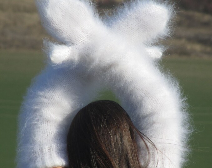 FUZZY Mohair WHITE Long Mittens Thick Warm Handmade Soft Ski Cosy ...