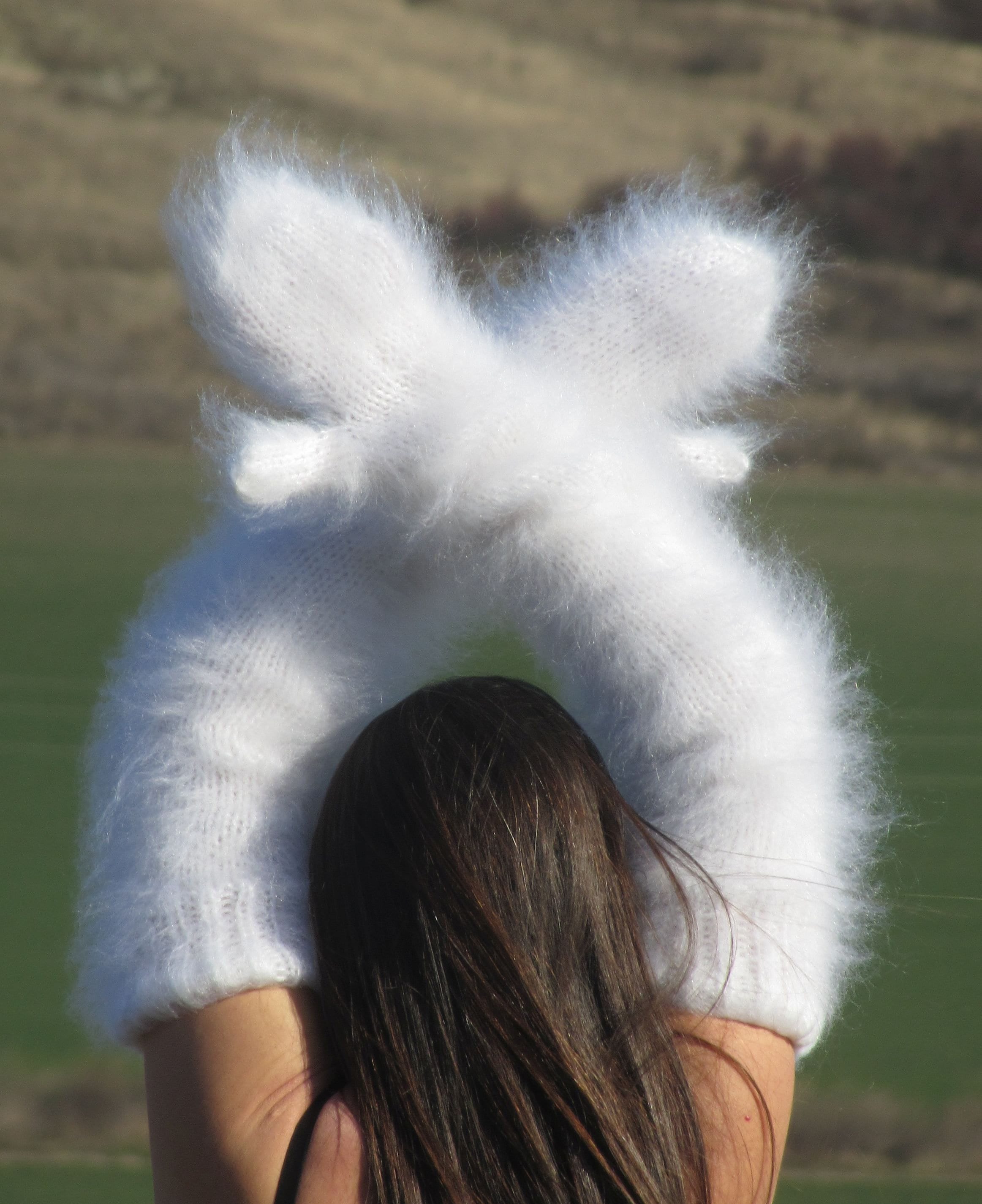 FUZZY Mohair WHITE Long Mittens Thick Warm Handmade Soft Ski Cosy ...