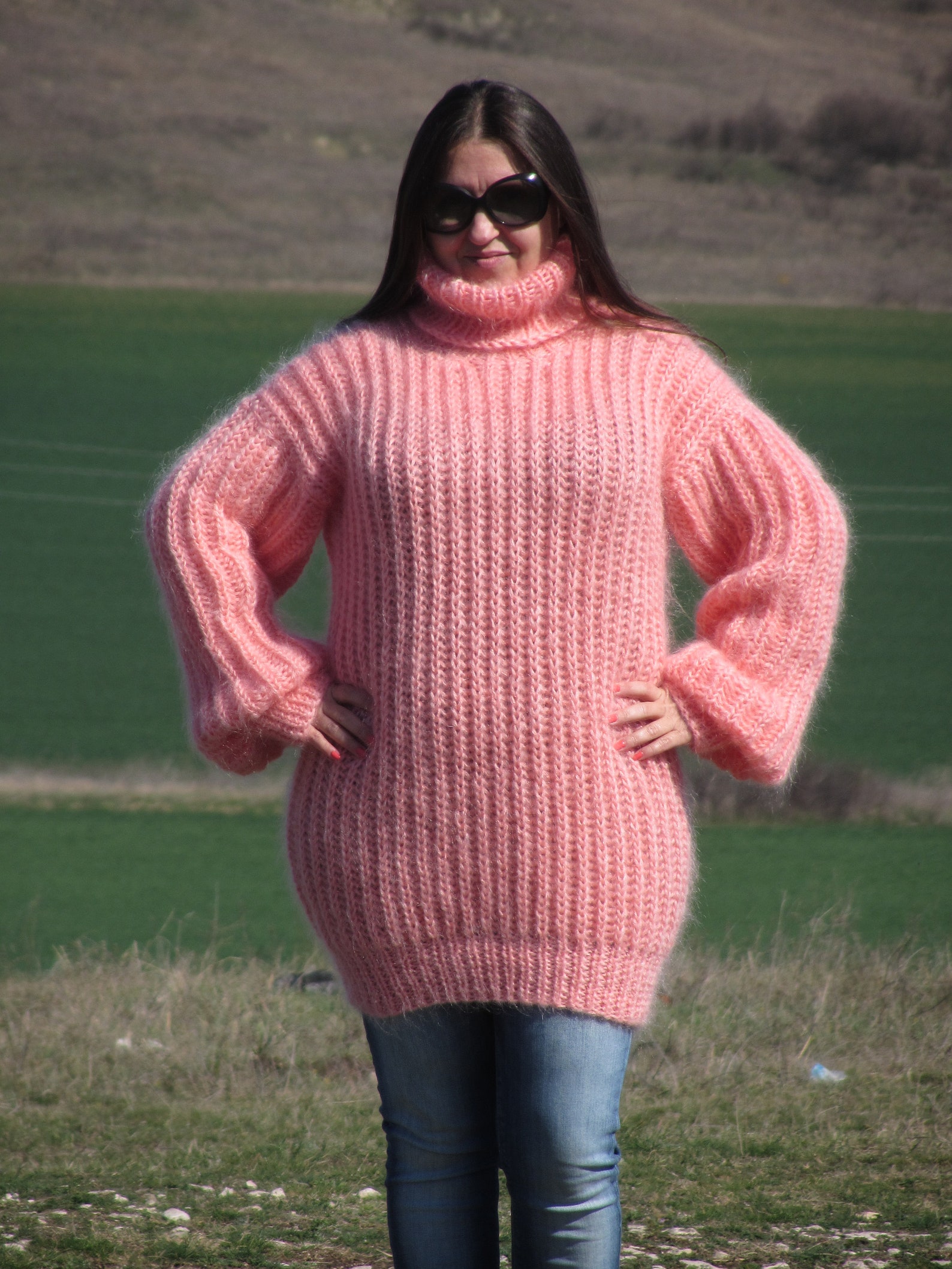 MOHAIR Hand Knitted SALMON Sweater Turtleneck Ribbed Pullover Handmade ...