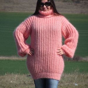 MOHAIR Hand Knitted SALMON Sweater Turtleneck Ribbed Pullover Handmade ...