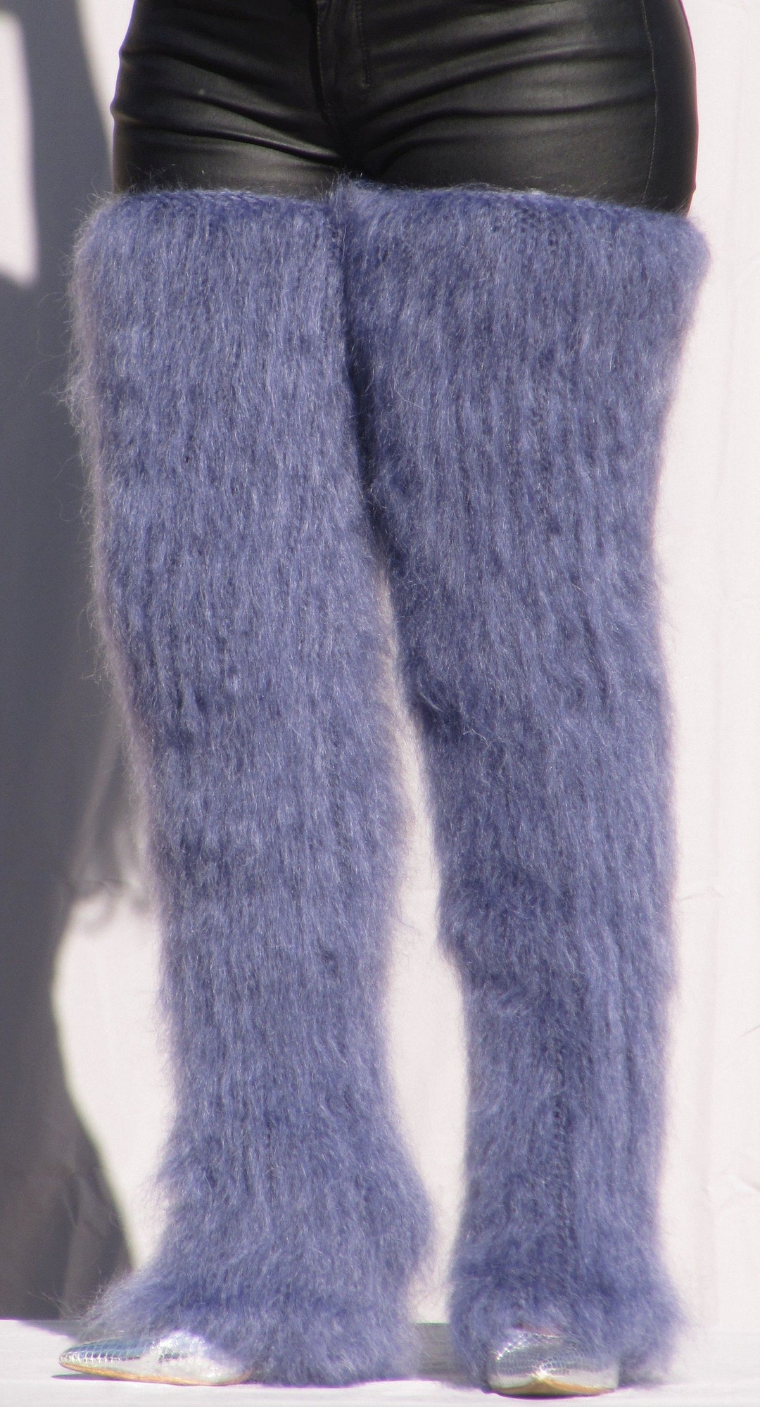 FUZZY MOHAIR Hand Knitted Denim Melange Gaiters LEGWARMERS Legging ...