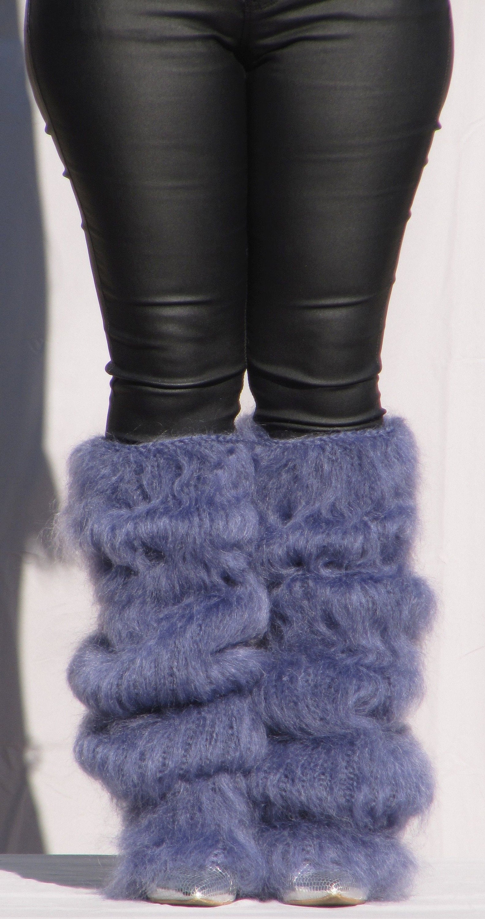 FUZZY MOHAIR Hand Knitted Denim Melange Gaiters LEGWARMERS Legging ...
